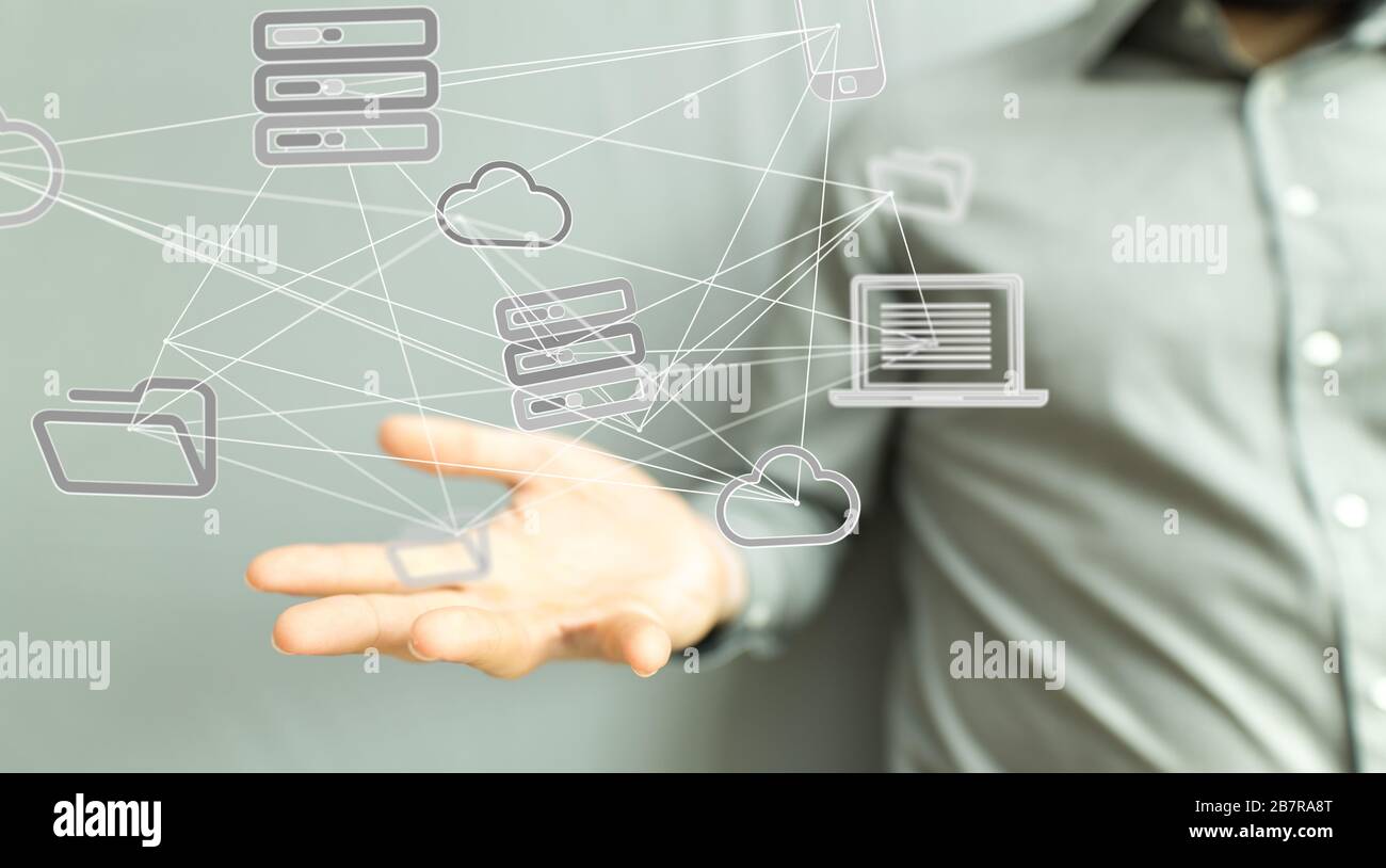 Person presenting the virtual projection of a digital cloud Stock Photo ...