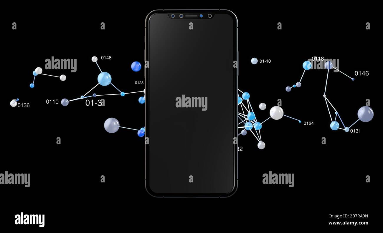 Virtual projection of a black smartphone and digital network on a black ...