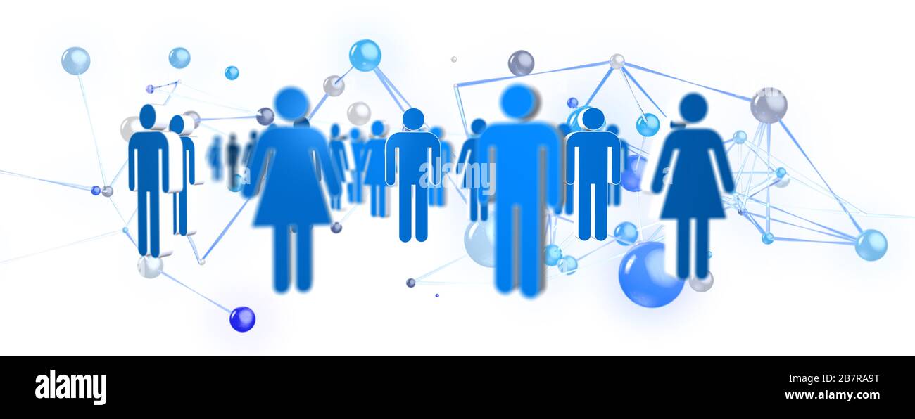 Virtual projection of digital blue people figures on a white background ...