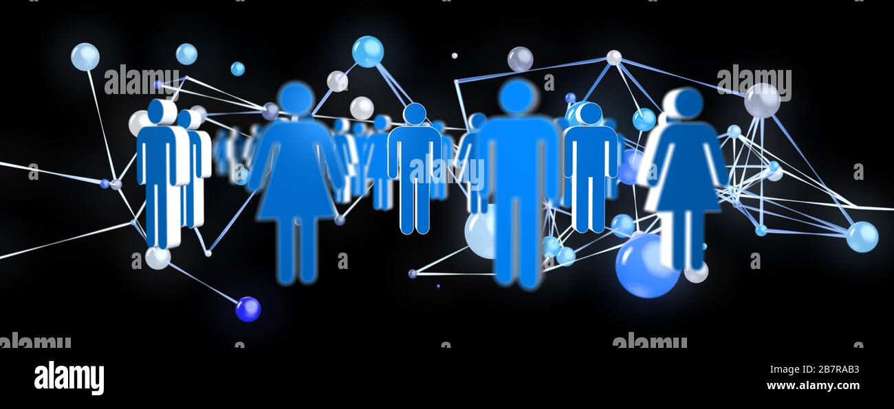 Virtual projection of a digital group of people on a black background ...