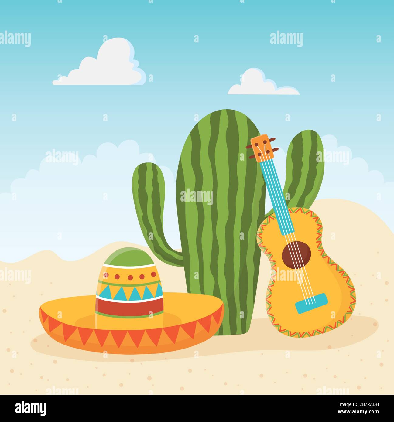 cinco de mayo guitar cactus and hat mexican celebration vector ...