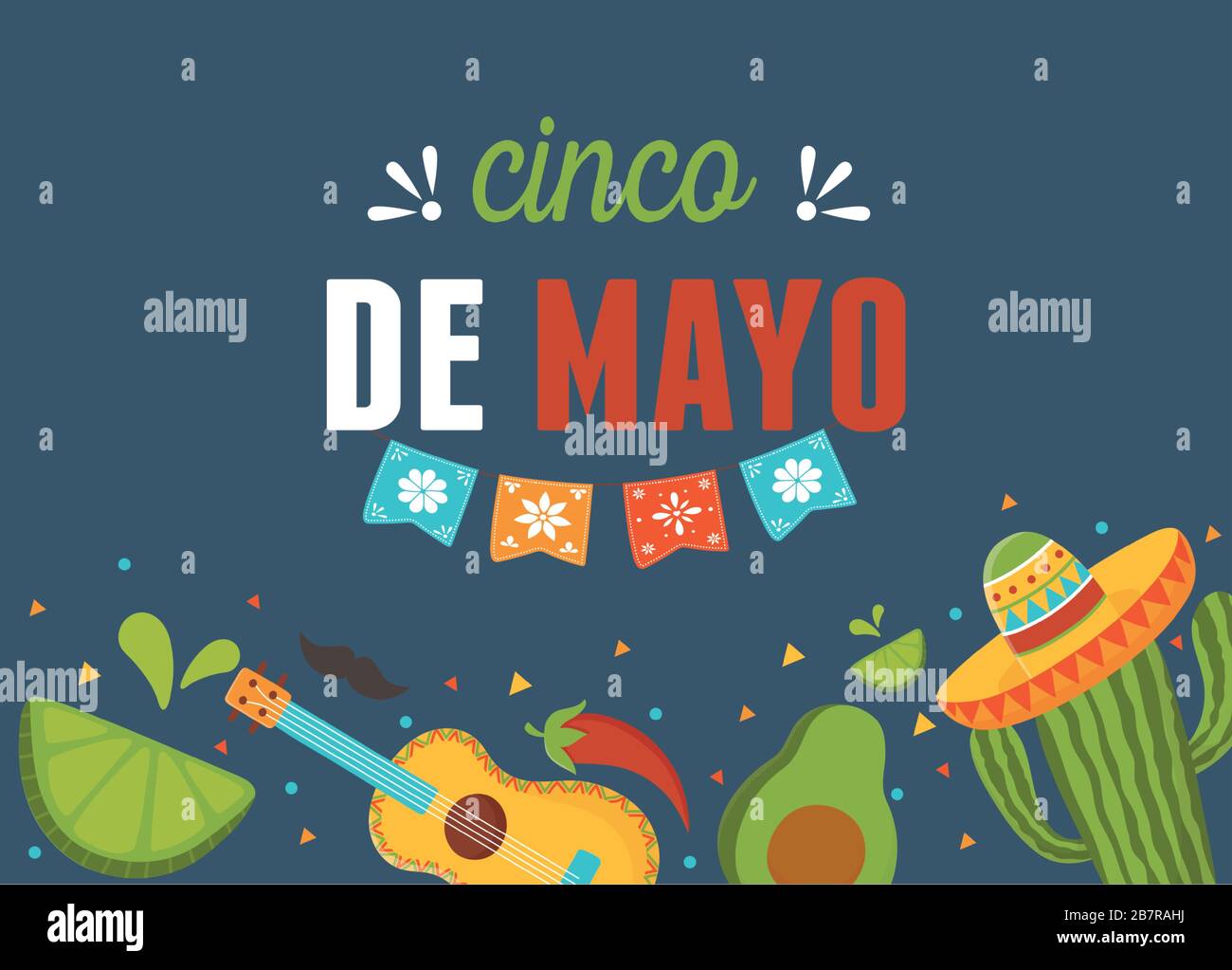 cinco de mayo guitar avocado cactus lemon mexican celebration vector ...