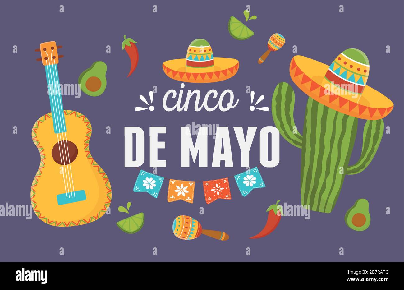 cinco de mayo guitar cactus with hat mexican culture card vector ...