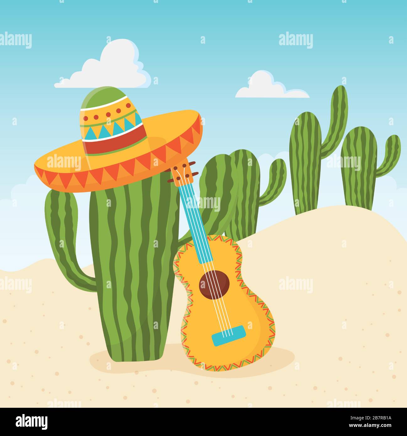 cinco de mayo guitar cactus with hat mexican celebration vector ...