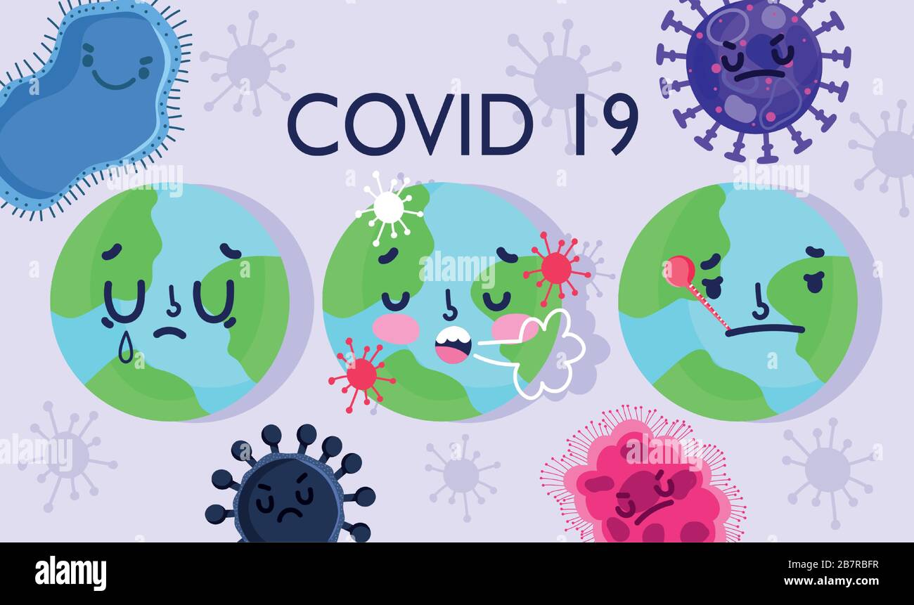 virus covid 19 pandemic, cartoon world with thermometer crying and ...