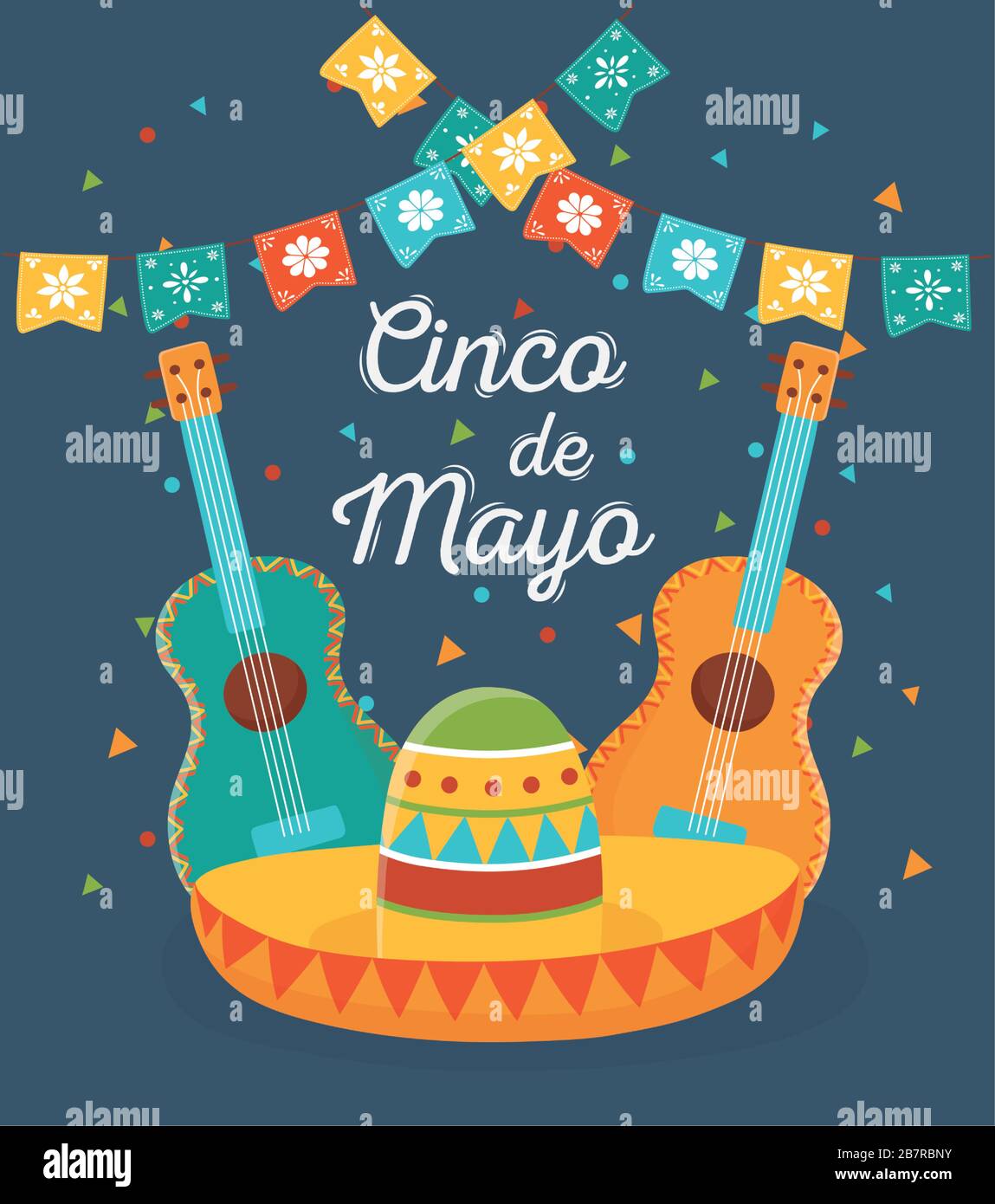 cinco de mayo guitars and hat pennants mexican celebration vector ...