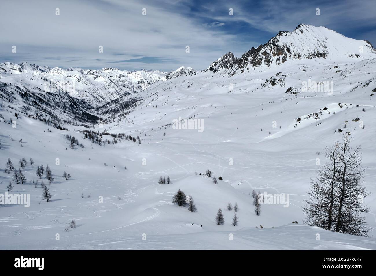 Low angle shot of a forested mountain covered in snow and paths under a ...