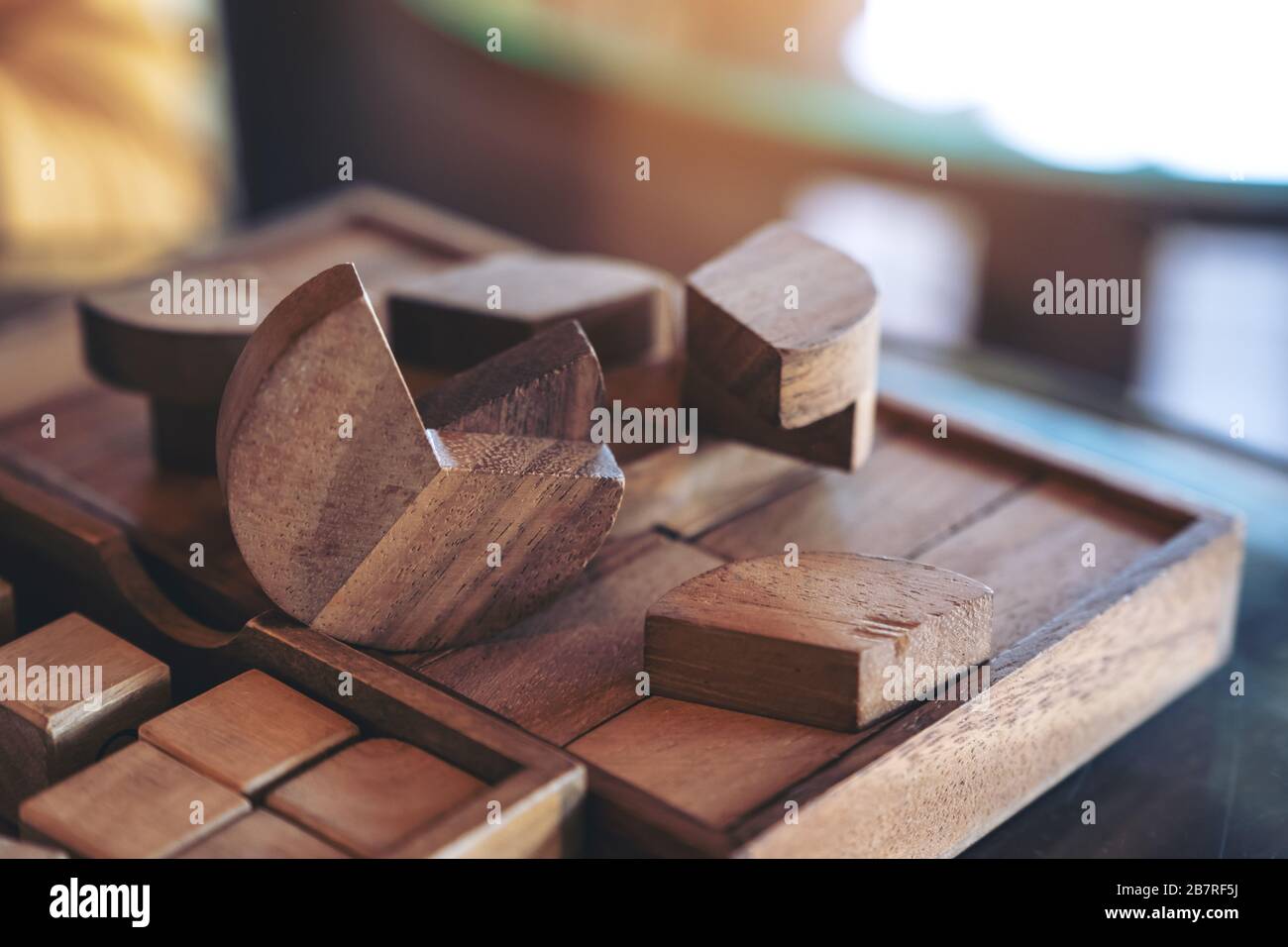 Closeup image of wooden puzzle tower game Stock Photo - Alamy