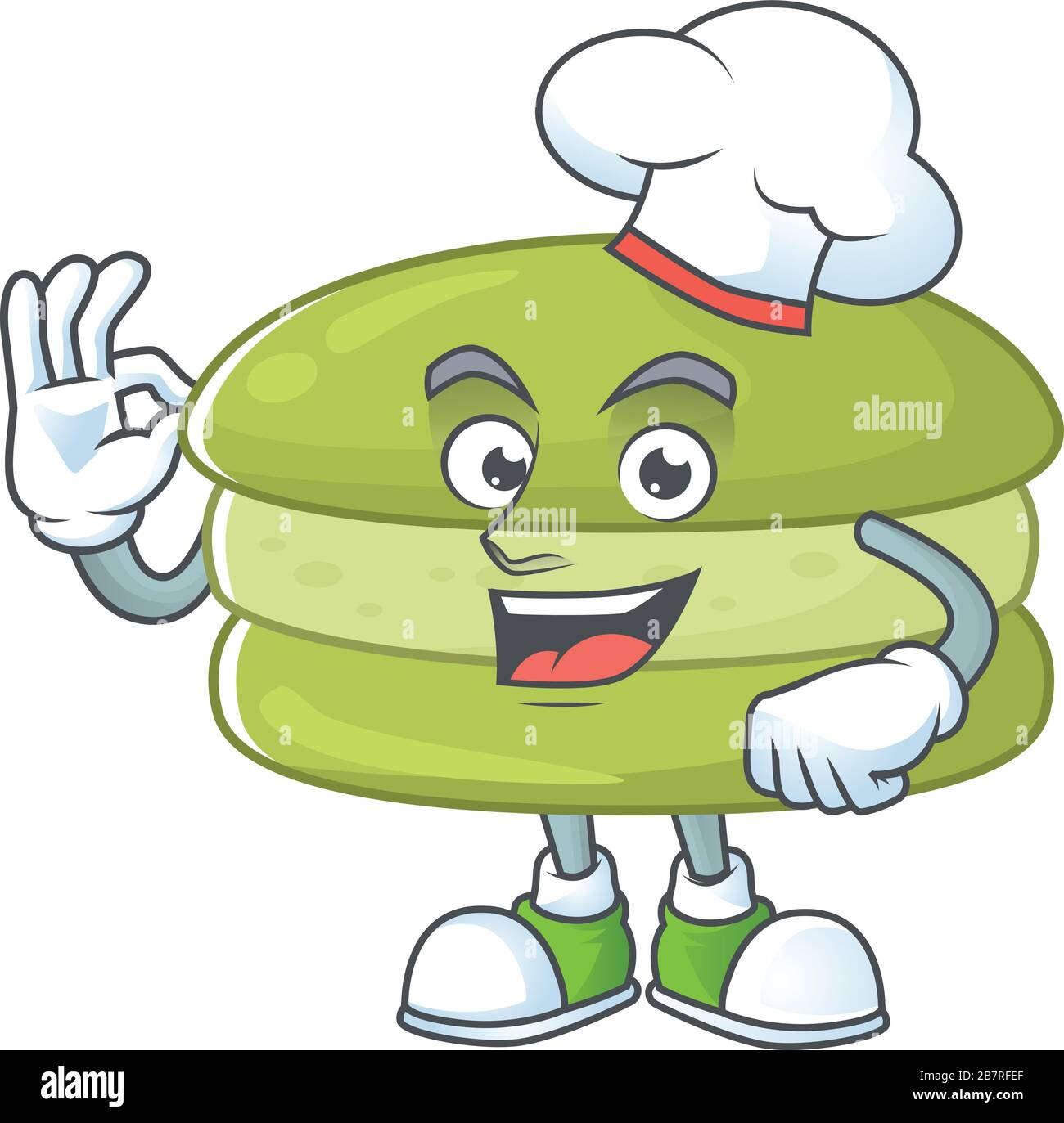 A picture of coconut macarons cartoon character wearing white chef hat ...