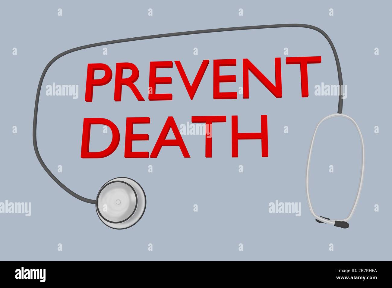 3D illustration of PREVENT DEATH script with stethoscope, isolated over ...