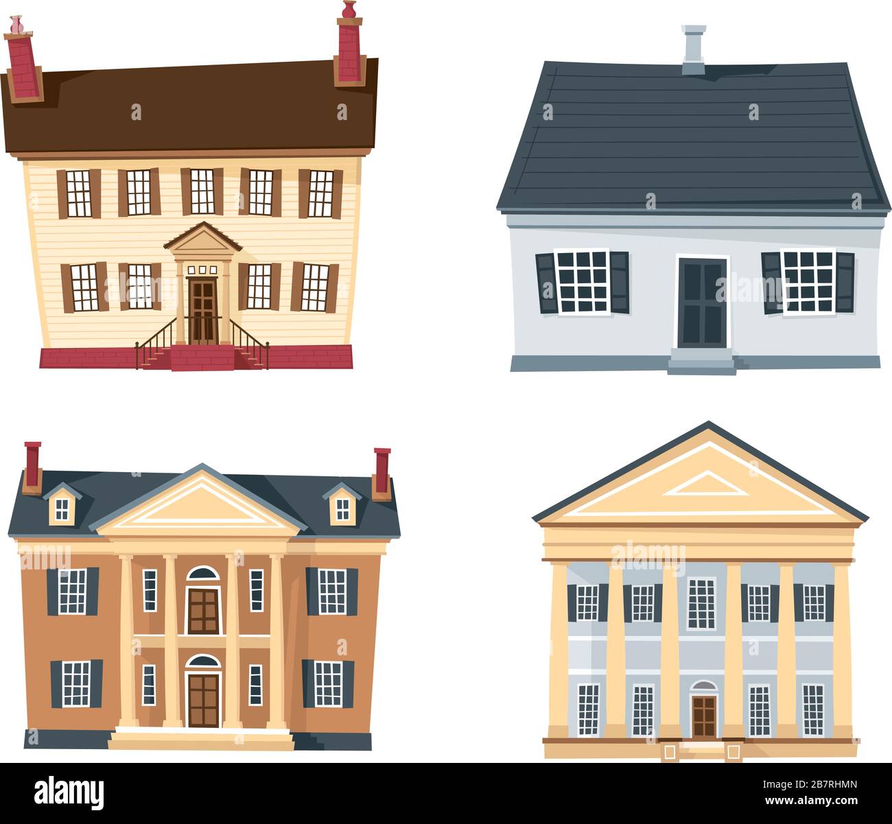 Classical Revival Homes - Set of different old architecture in cartoon ...