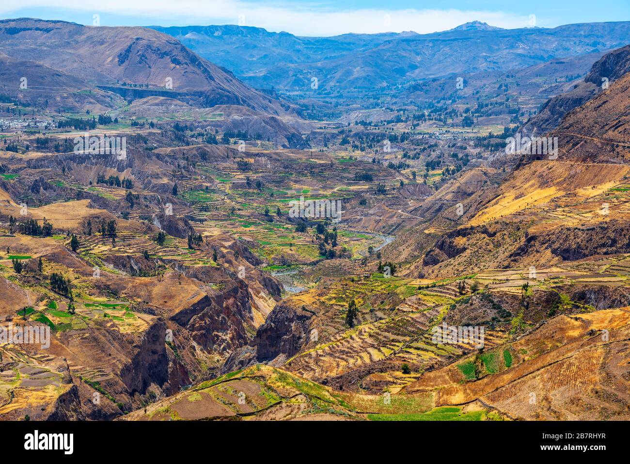 The agriculture fields and Colca river in the majestic Colca Canyon ...