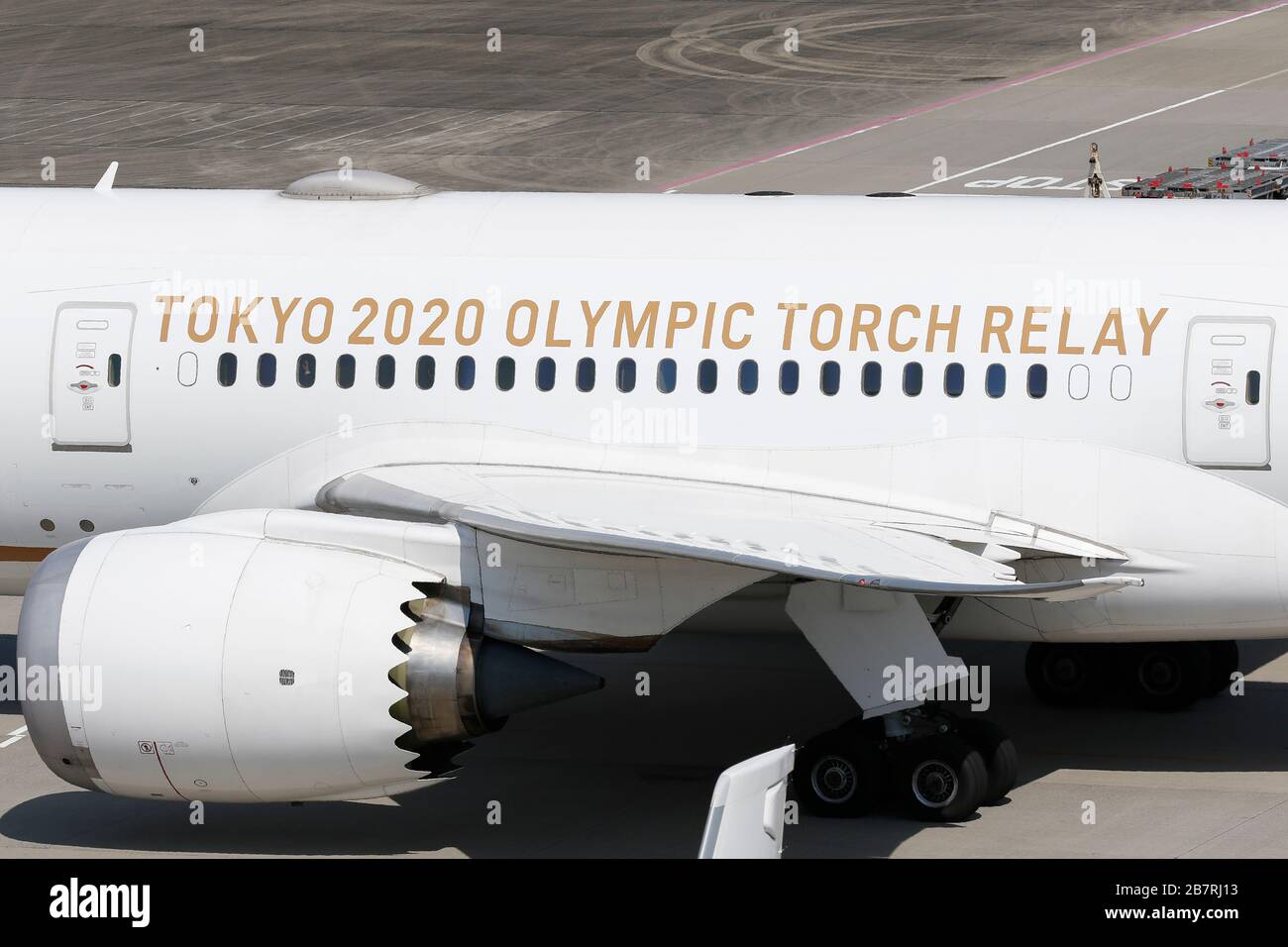 The Olympic Torch Special ''Tokyo 2020'' Aircraft is seen at Haneda ...