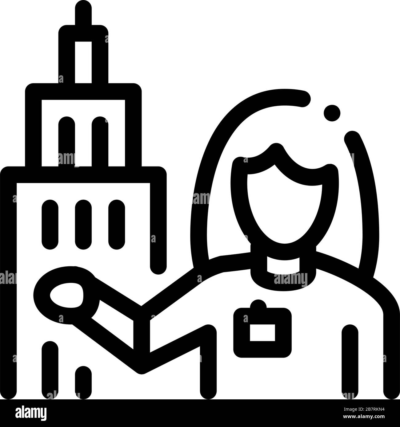 Woman Guide near Tower Vector Outline Illustration Stock Vector Image ...