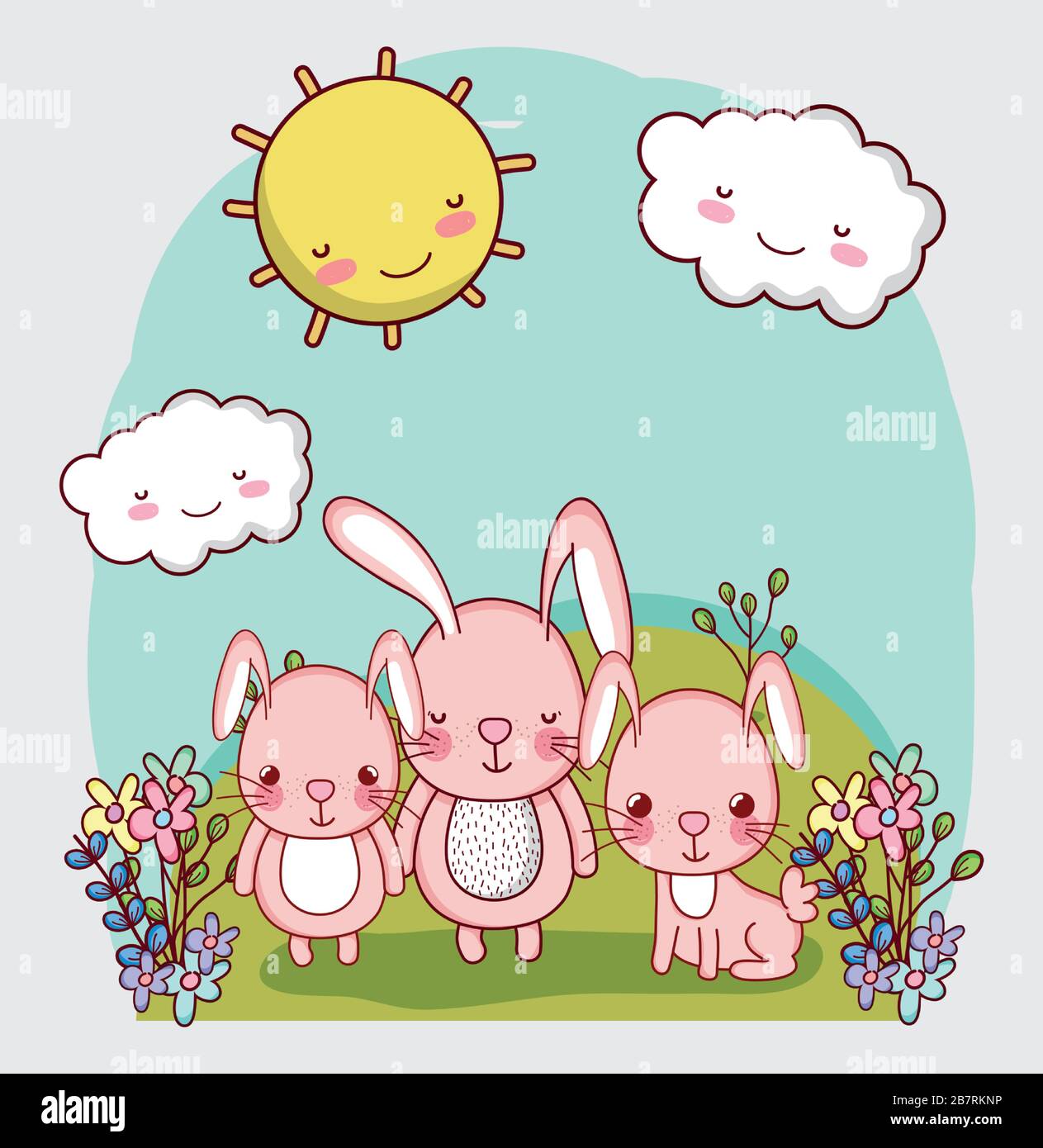 cute animals, adorable family bunnies in grass with flowers cartoon ...