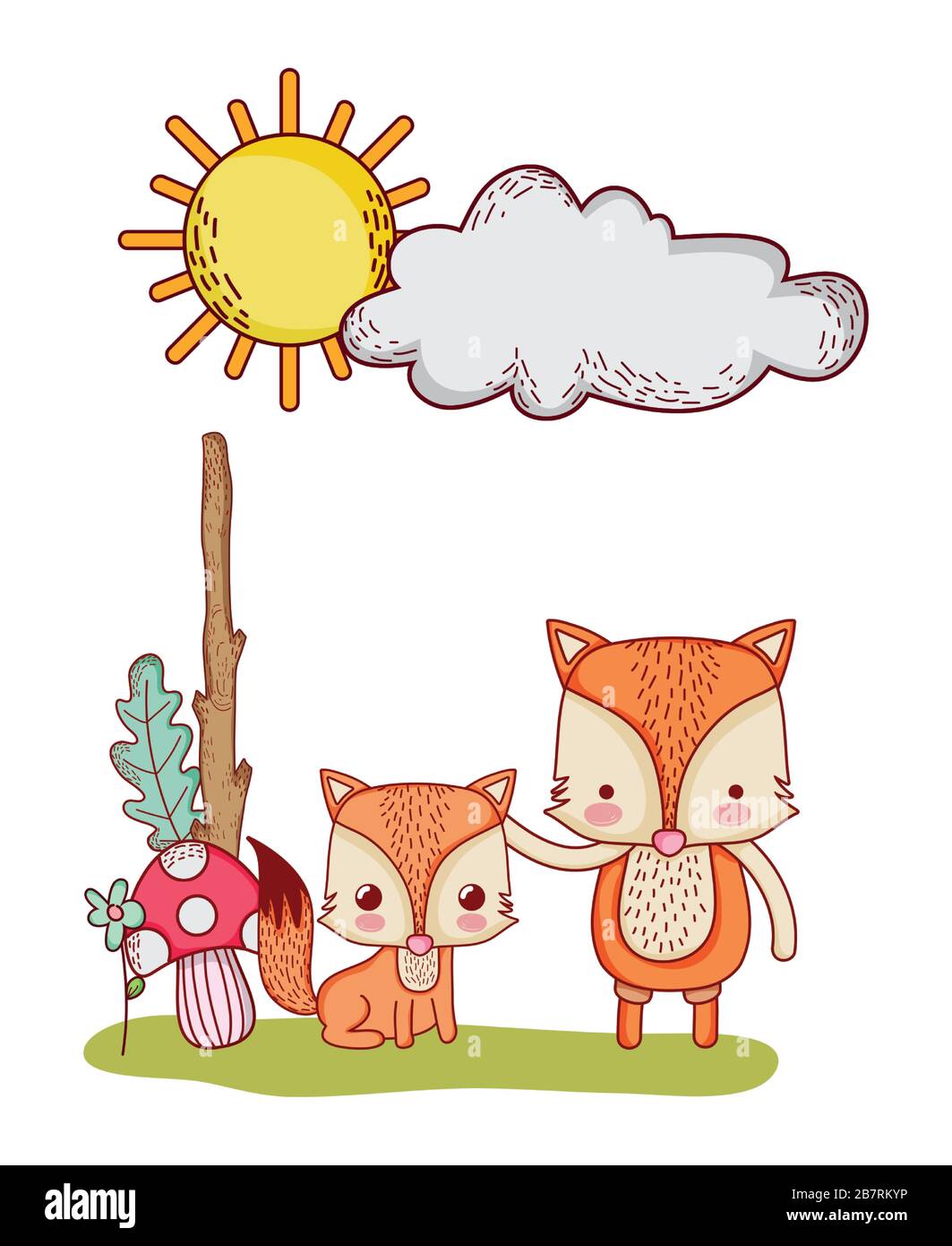 cute animals, foxes cartoon mushroom sun cloud cartoon vector ...