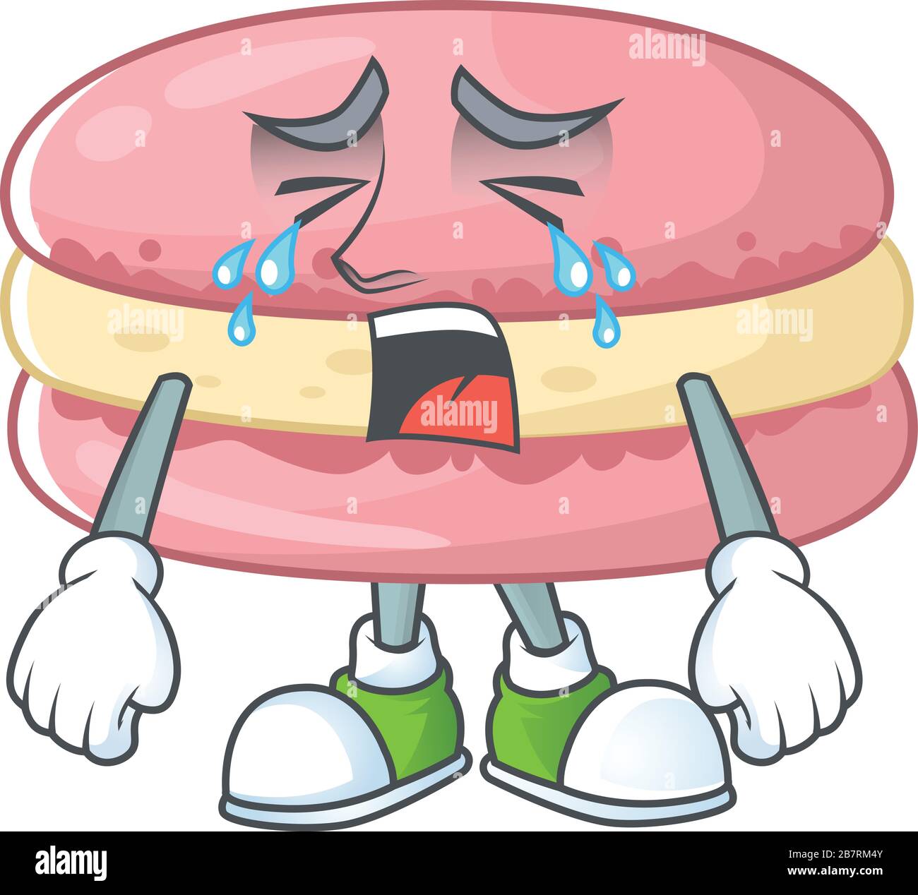 A Crying face of strawberry macarons cartoon character design Stock ...