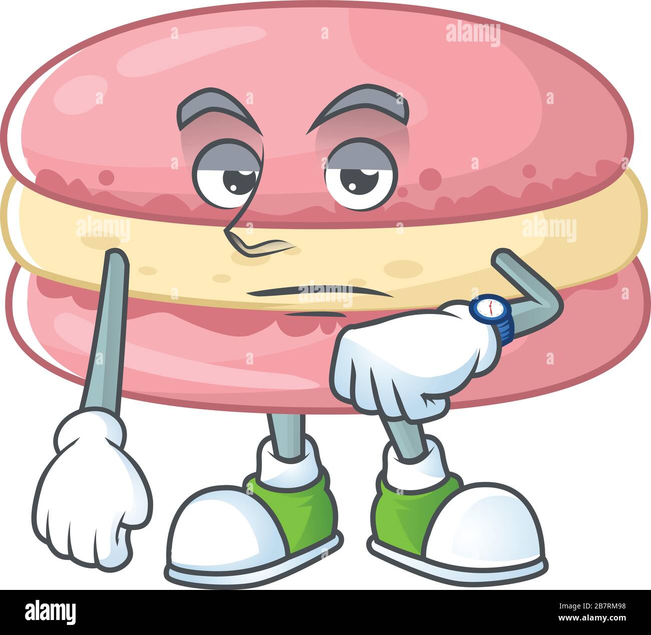 A cartoon icon of strawberry macarons with waiting gesture Stock Vector ...