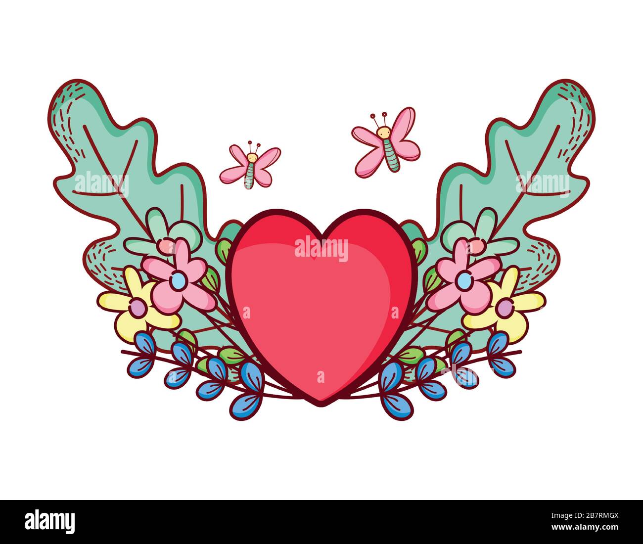 red heart love butterflies flowers foliage cartoon vector illustration Stock Vector Image & Art ...