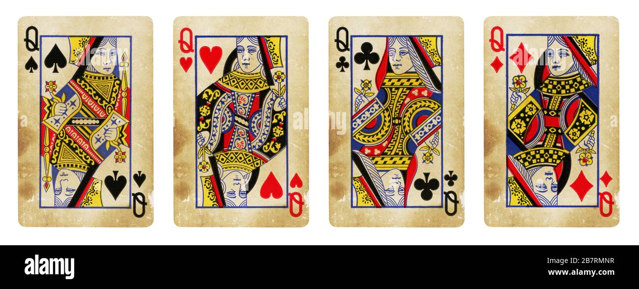 Four Queens Vintage Playing Cards - isolated on white Stock Photo - Alamy