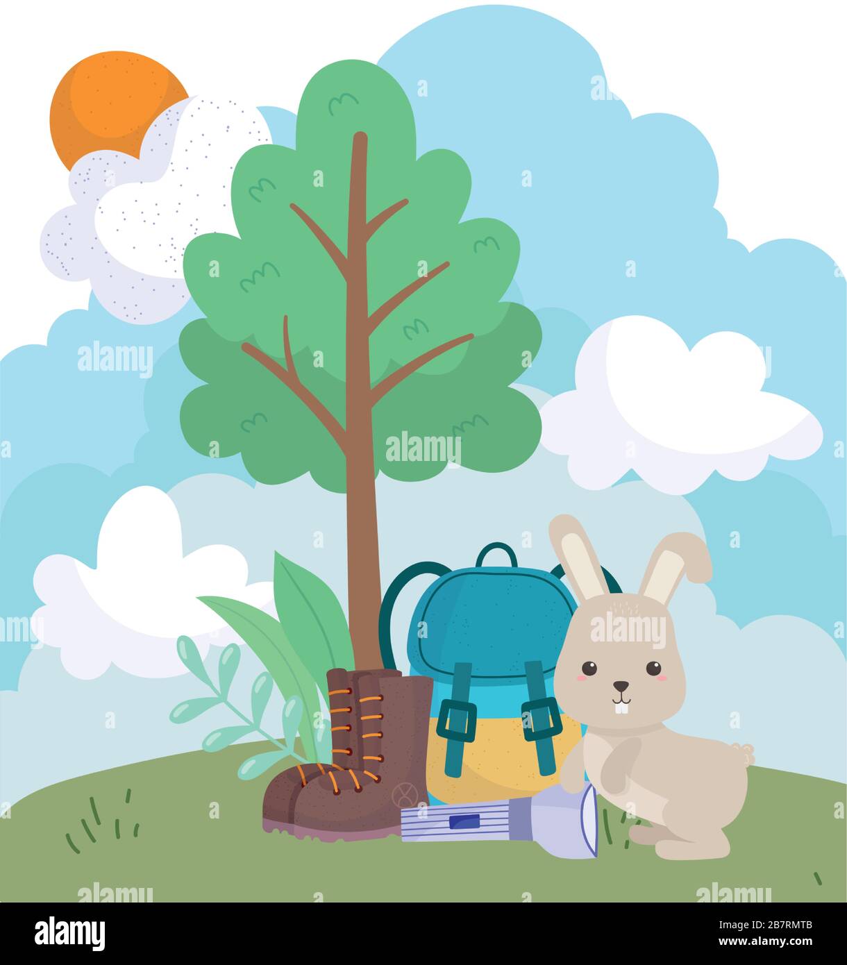 camping cute rabbit backpack flashlight boots tree vector illustration ...