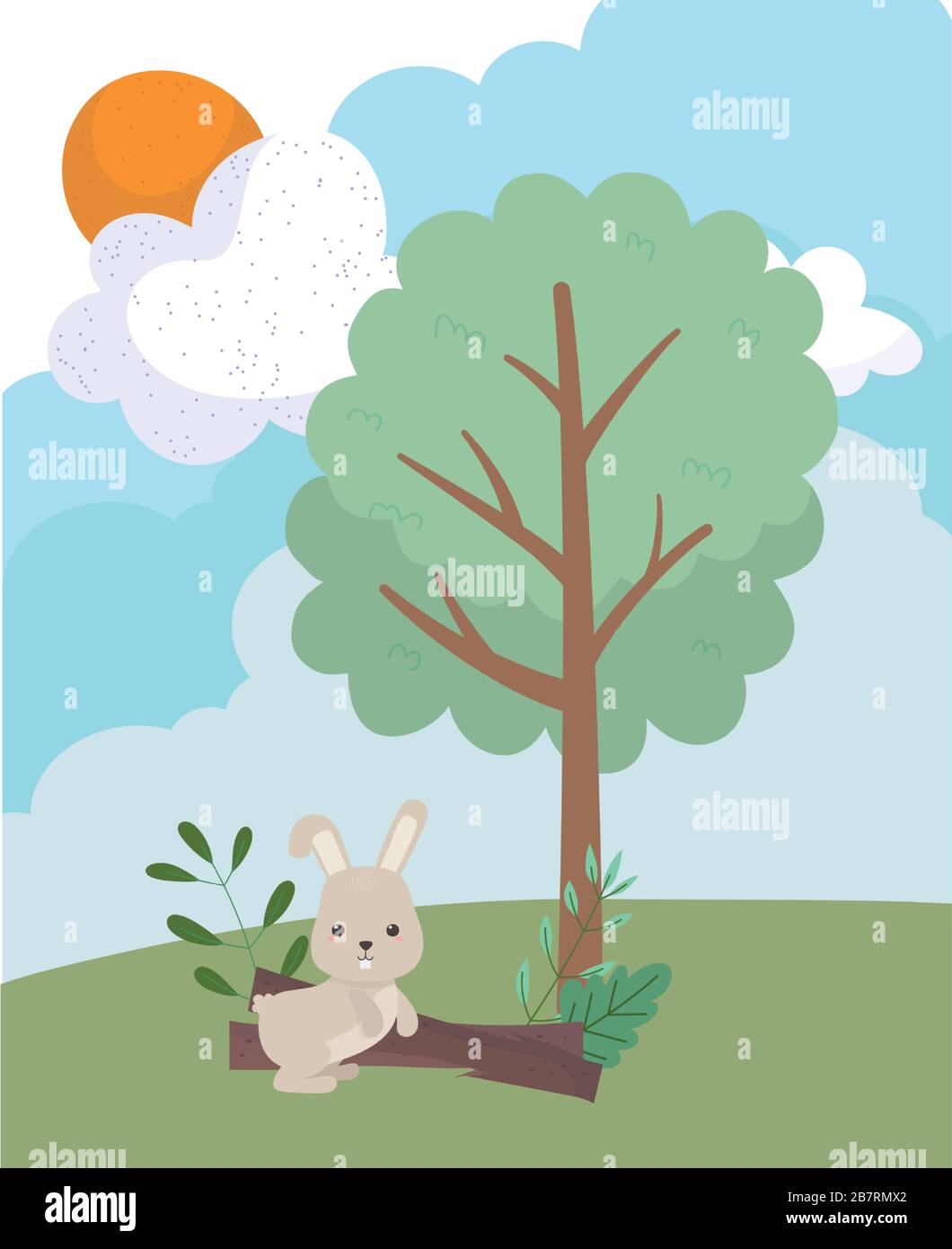 camping cute rabbit trunk tree foliage sun cloud cartoon vector ...