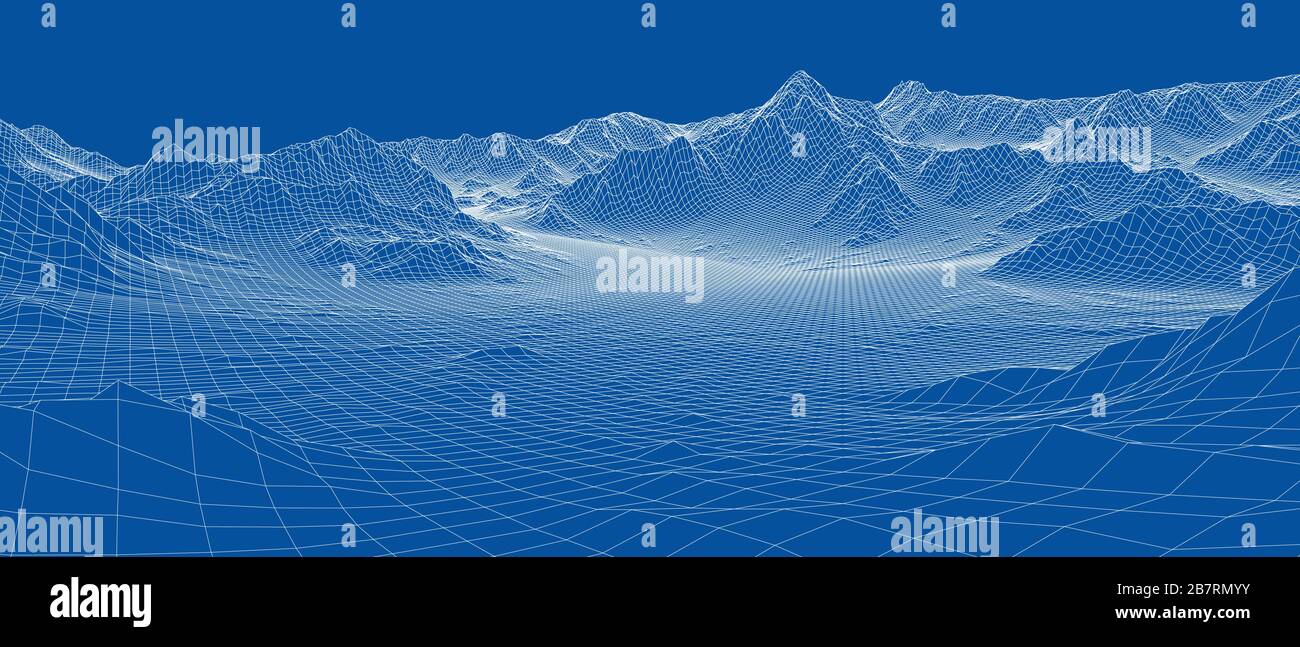 Abstract 3d wire-frame landscape. Blueprint style. Vector rendering ...