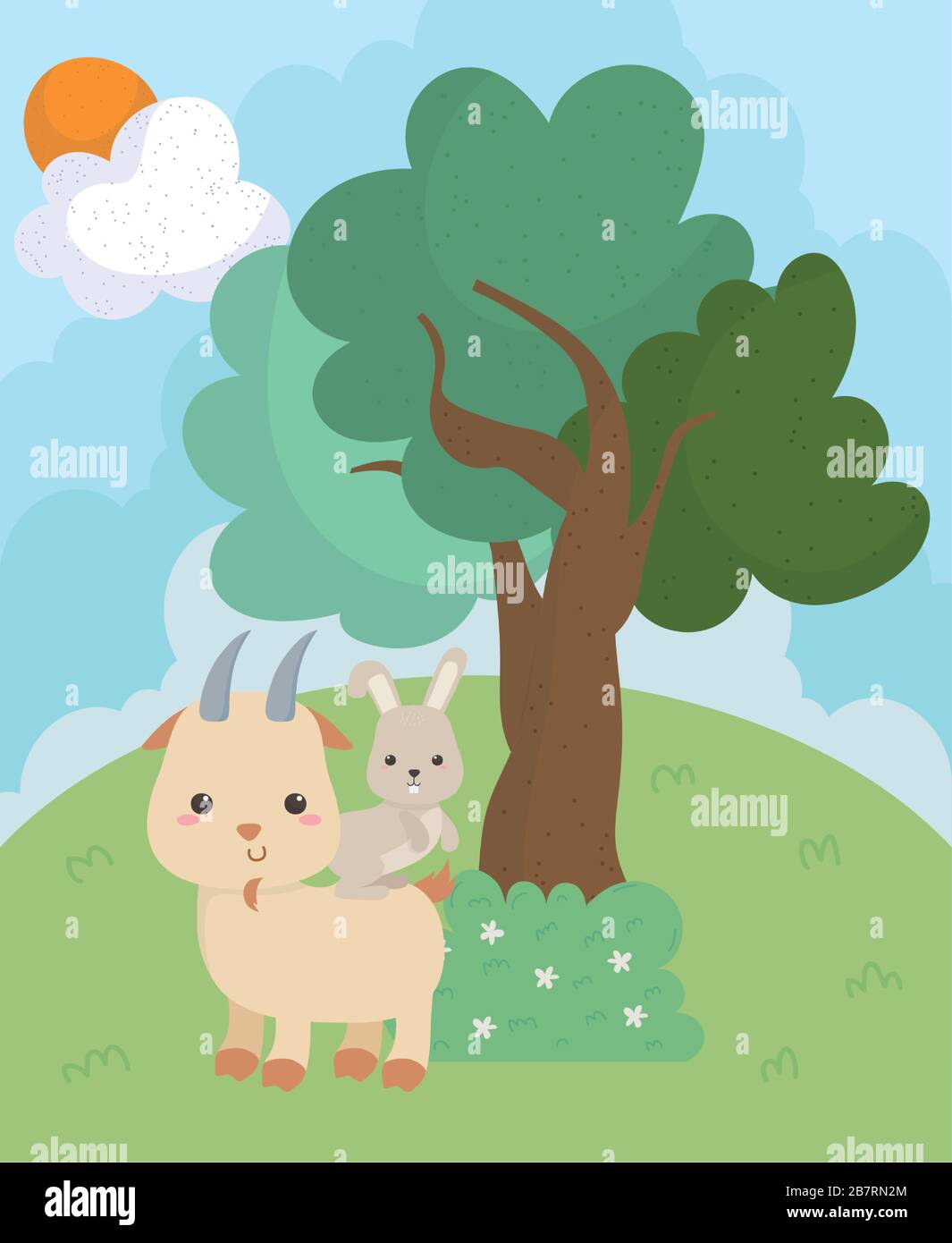 camping cute goat and rabbit bush tree grass sun clouds vector ...