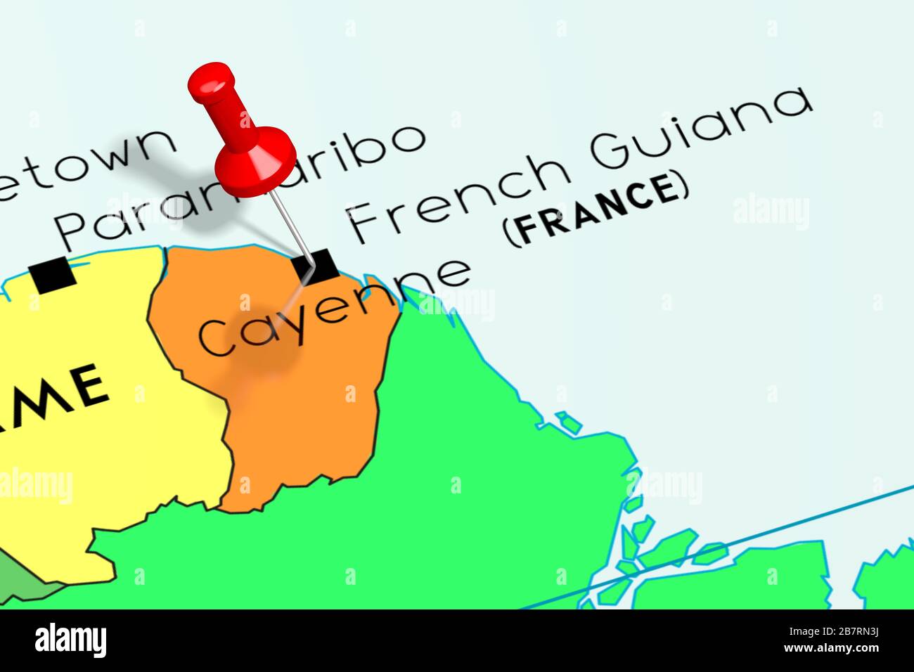 French Guiana, Cayenne - capital city, pinned on political map Stock ...