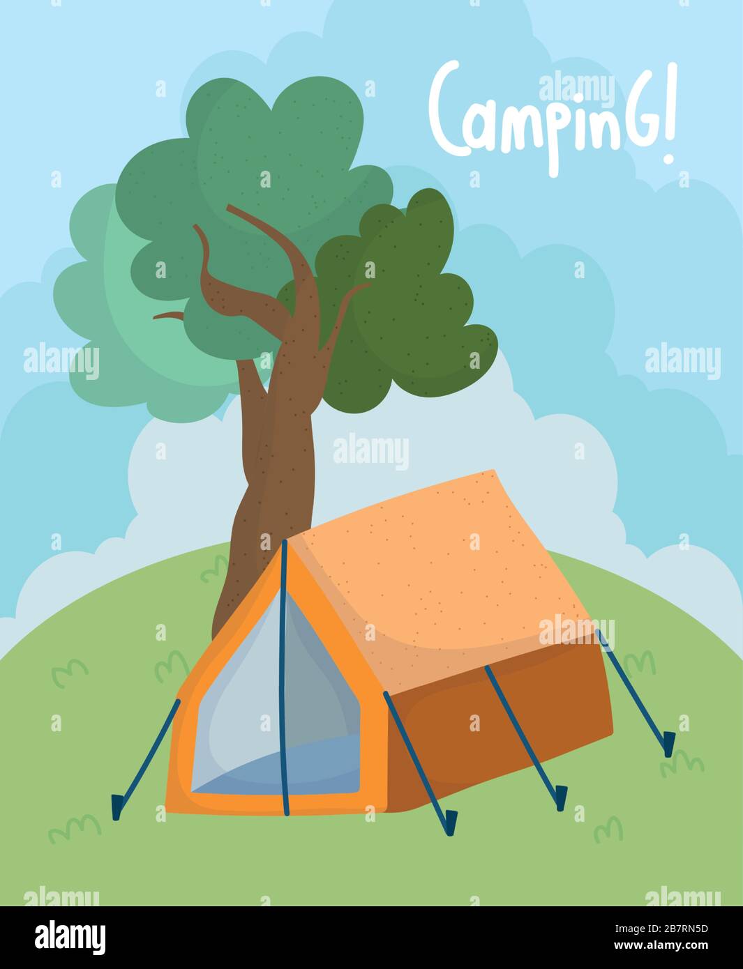 camping tent field foliage trees nature cartoon vector illustration ...