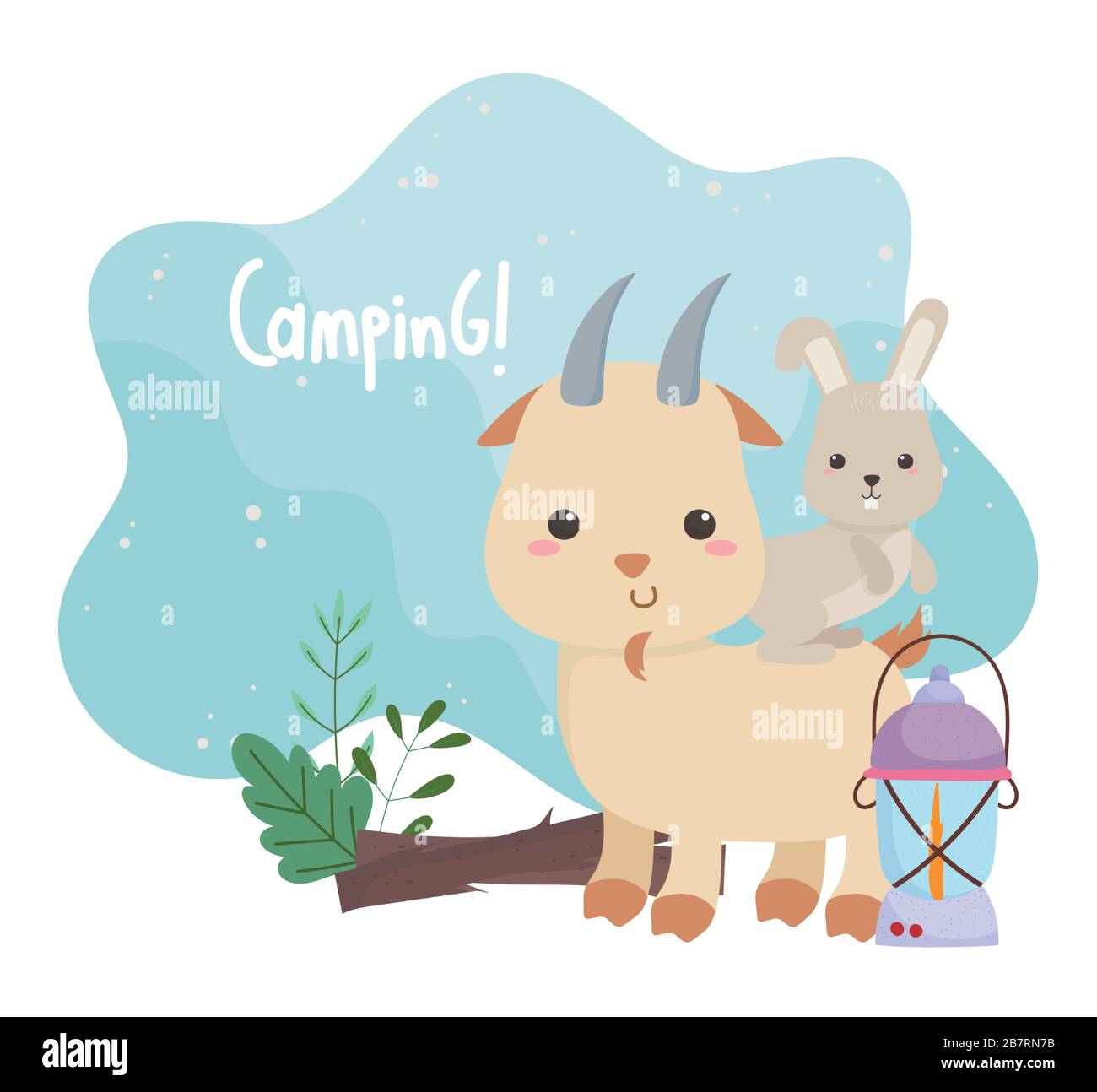 camping cute rabbit in goat lamp and trunk forst cartoon vector ...