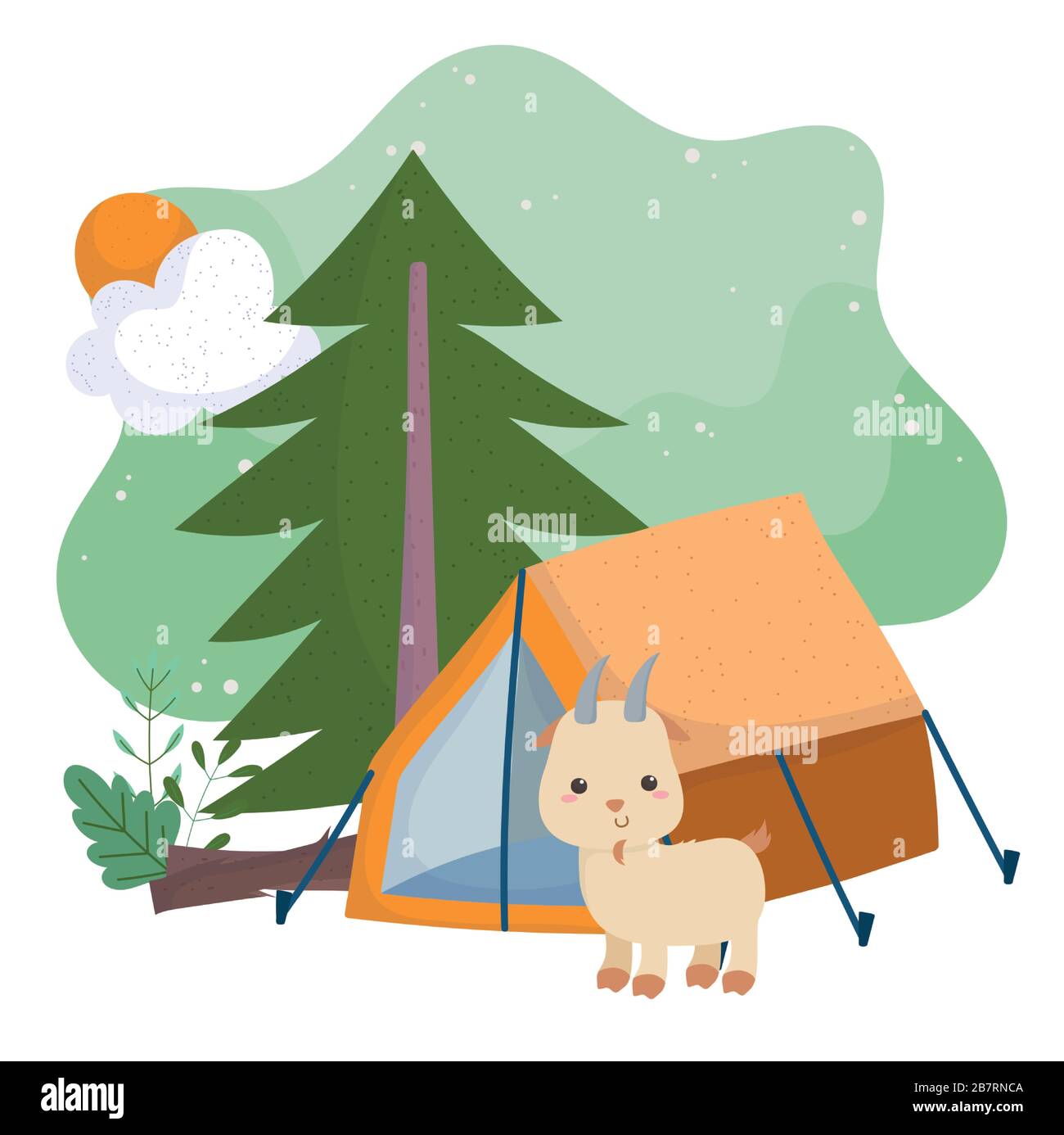 camping cute goat tent pine tree sun cartoon vector illustration Stock ...