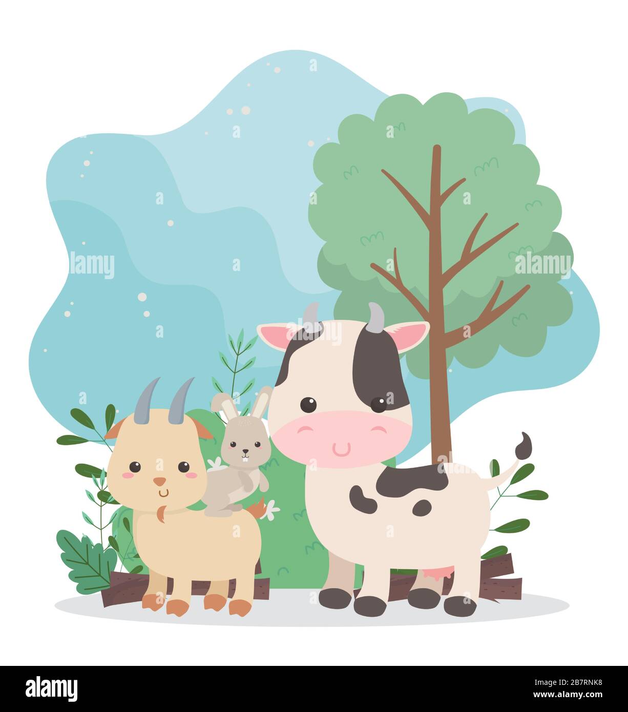 camping cute cow rabbit and goat tree bush nature cartoon vector ...