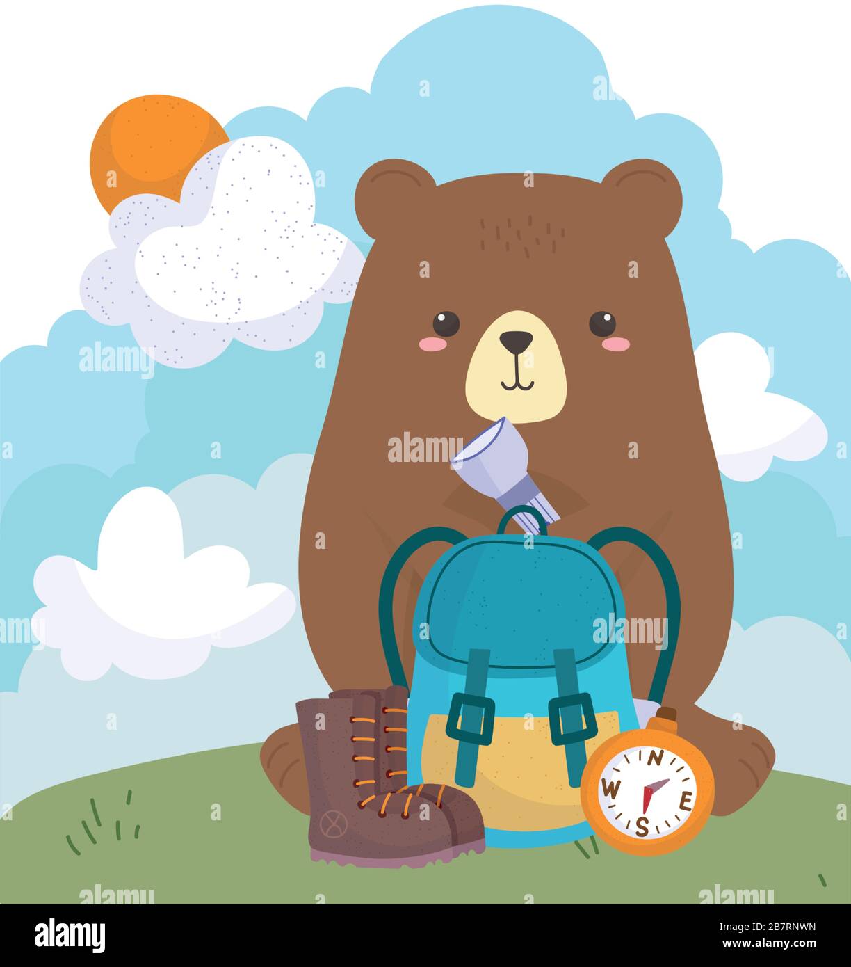 camping cute bear with backpack lantern in field cartoon vector ...