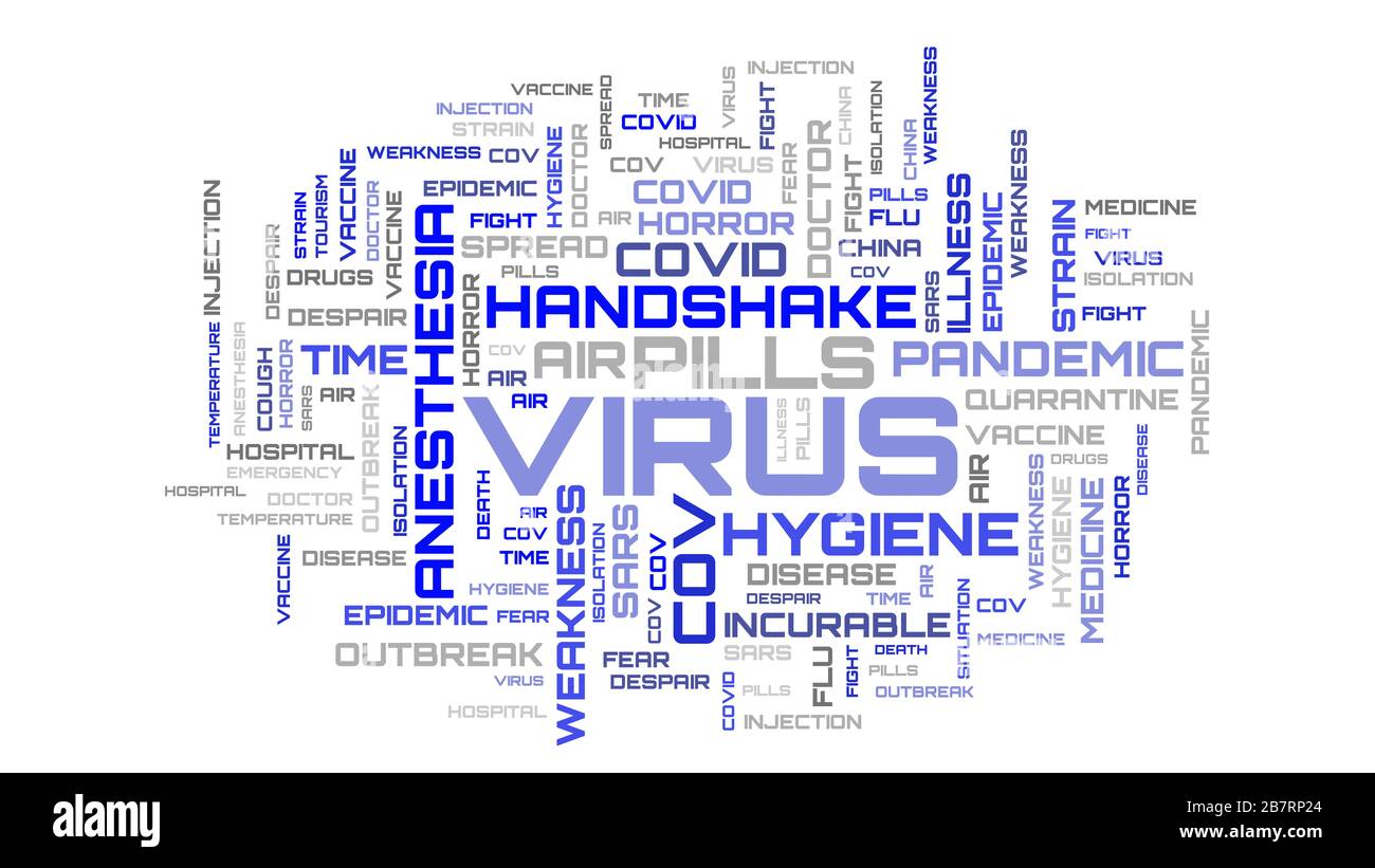 COVID-19 word cloud illustration. Beautiful blue word collage backdrop ...