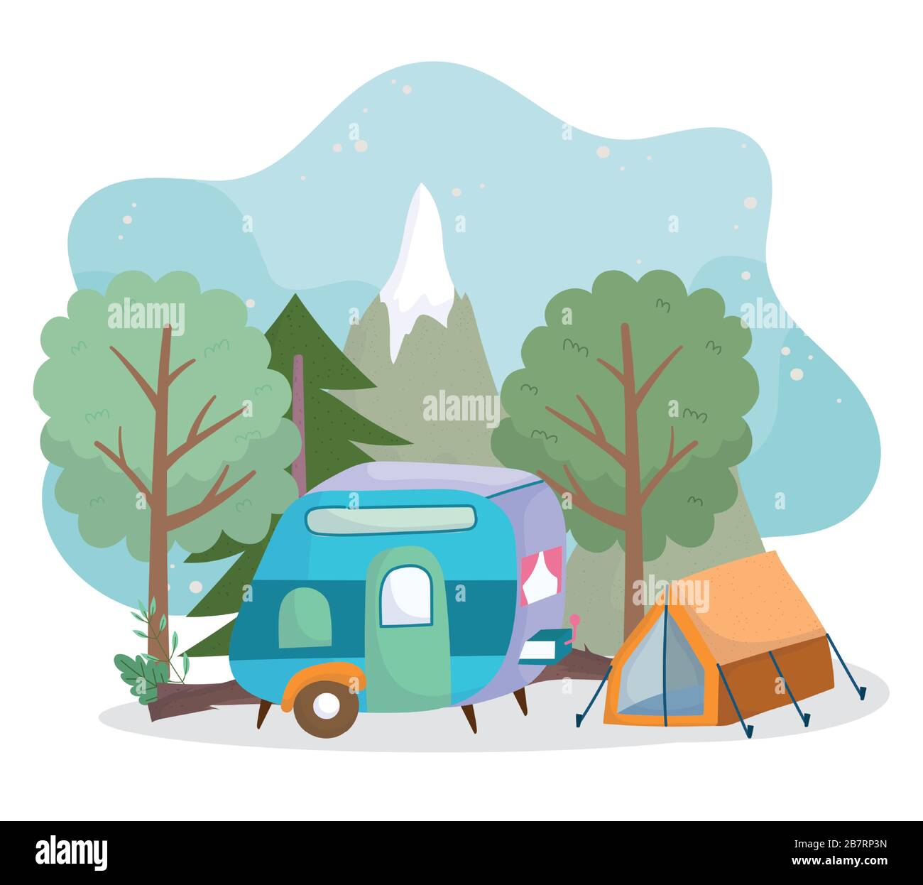 camping tent trailer forest trees greenery cartoon vector illustration ...