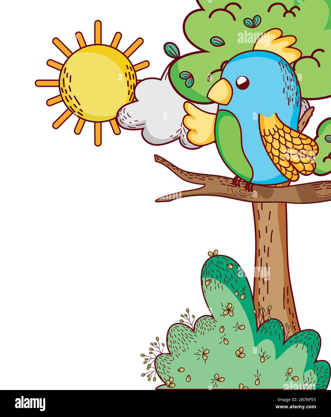 cute animals, parrot in branch tree foliage sun cloud cartoon vector ...