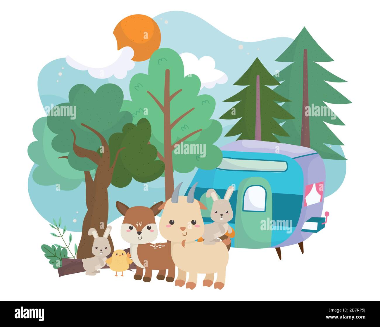camping cute rabbits goat deer chicken trailer forest cartoon vector ...