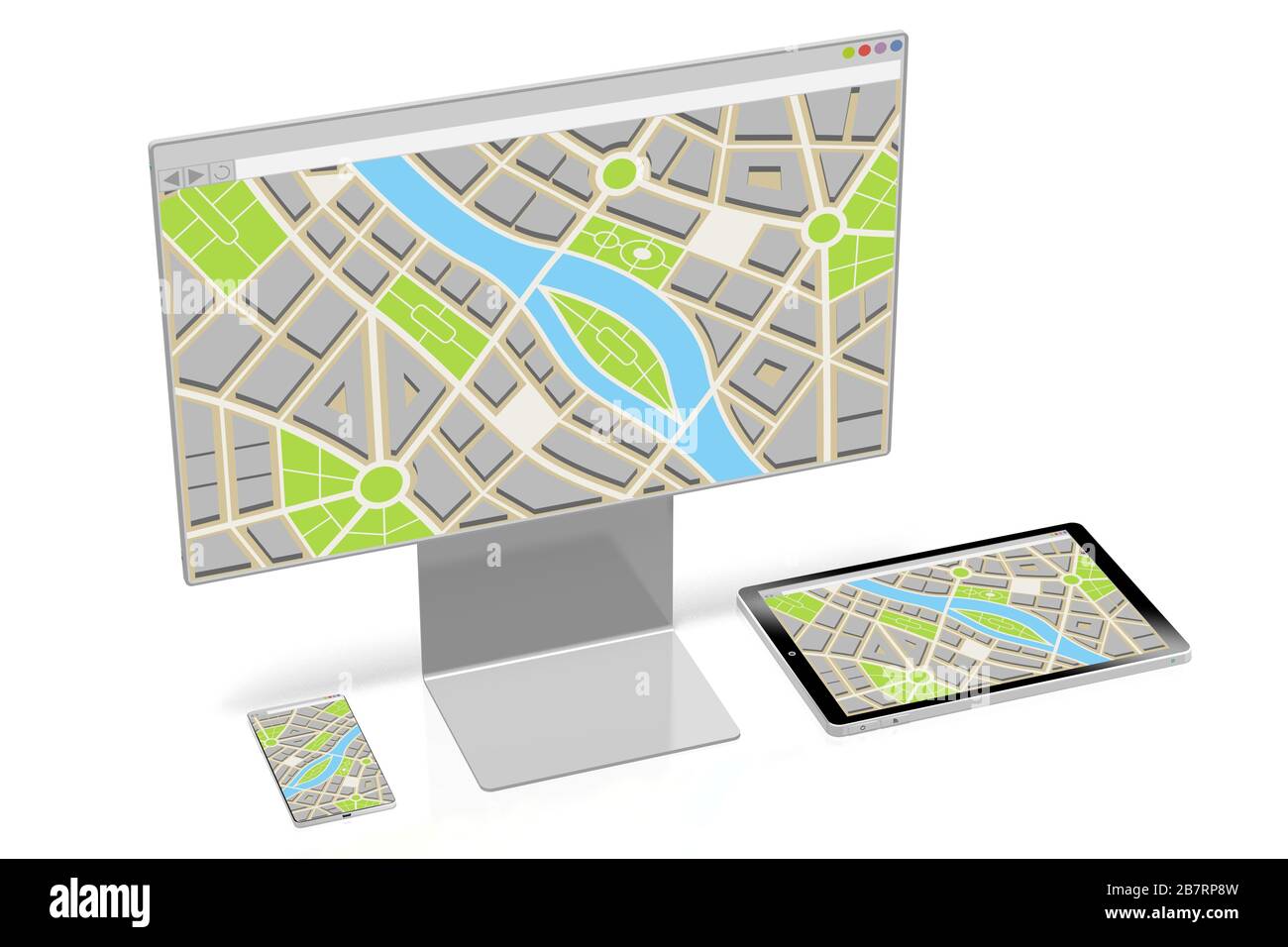 3D monitor, smartphone and tablet - map concept Stock Photo - Alamy