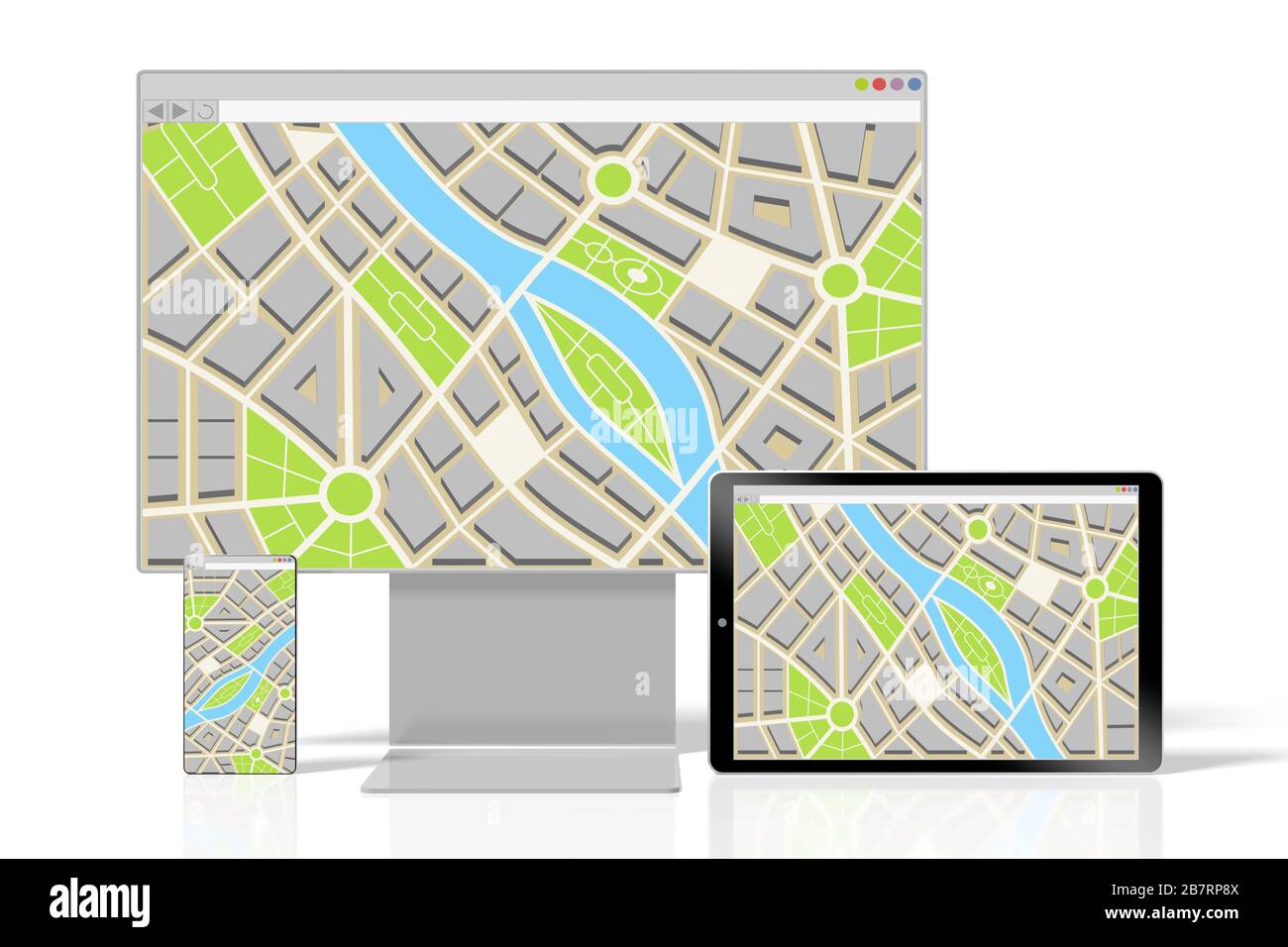 3D monitor, smartphone and tablet - map concept Stock Photo - Alamy