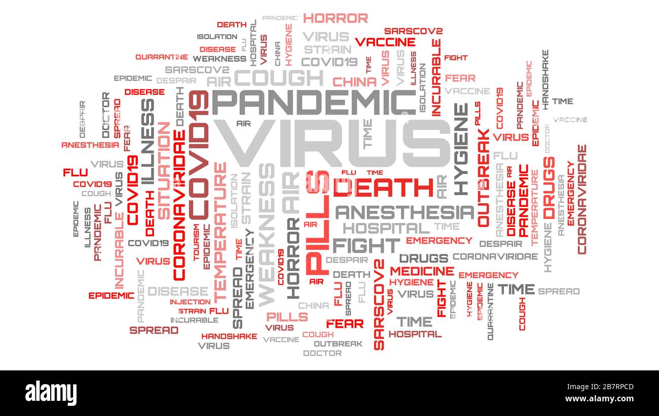 Virus topic red word cloud on white background Stock Photo - Alamy