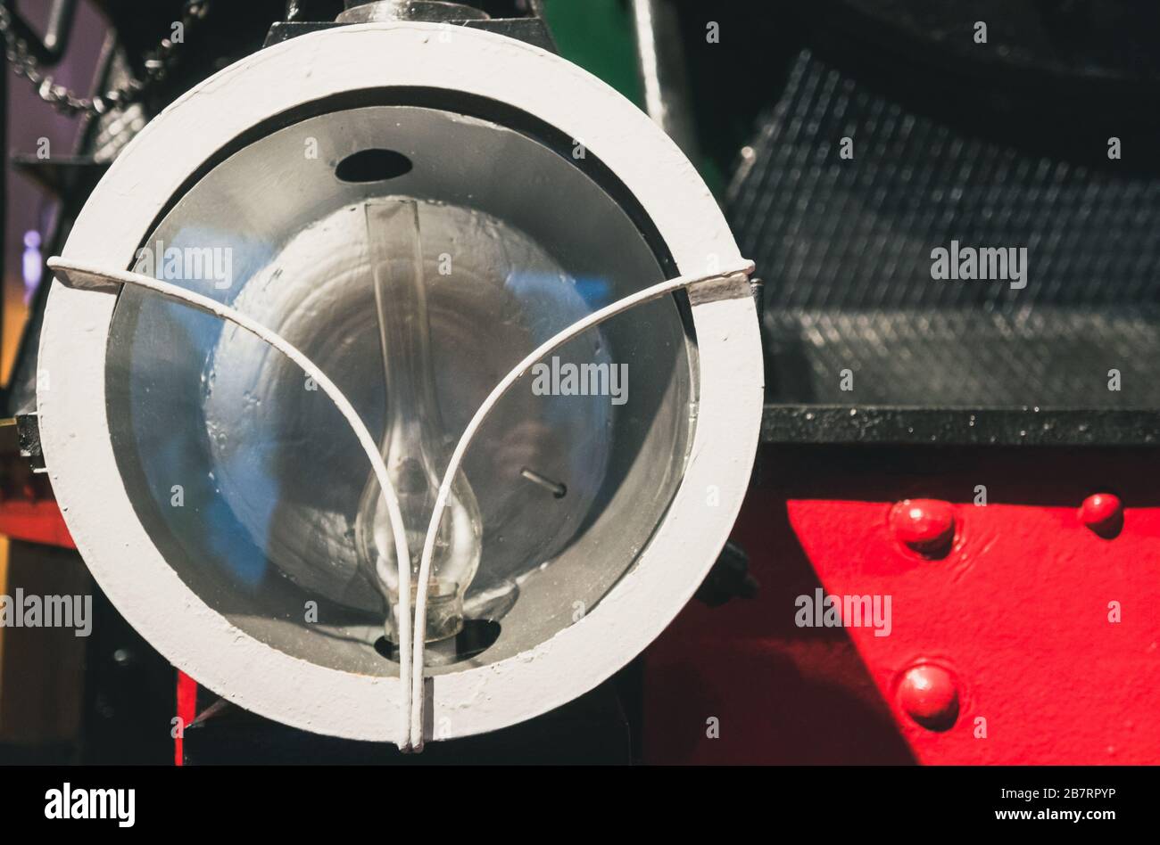 Round headlight of old retro vintage steam train at railway museum ...