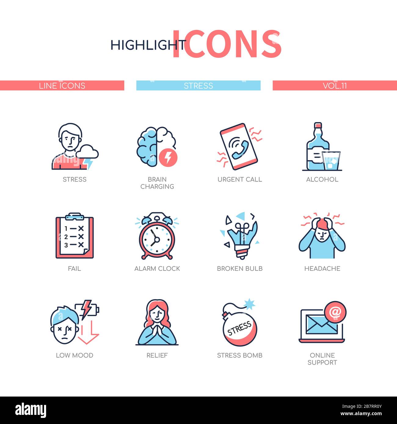 Stress and psychological problems - line design style icons set Stock ...