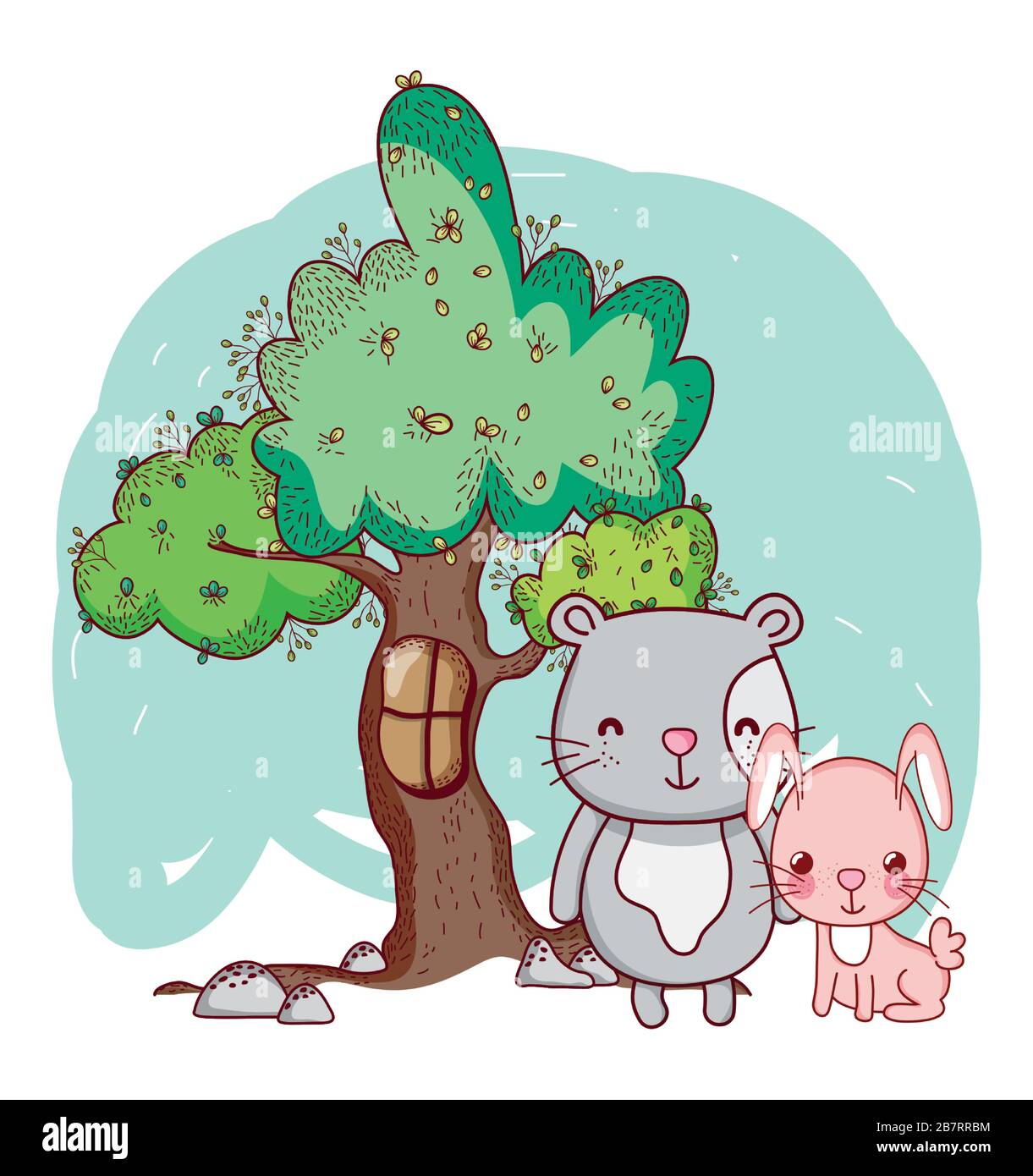 cute animals, pink rabbit with mouse tree nature cartoon vector ...