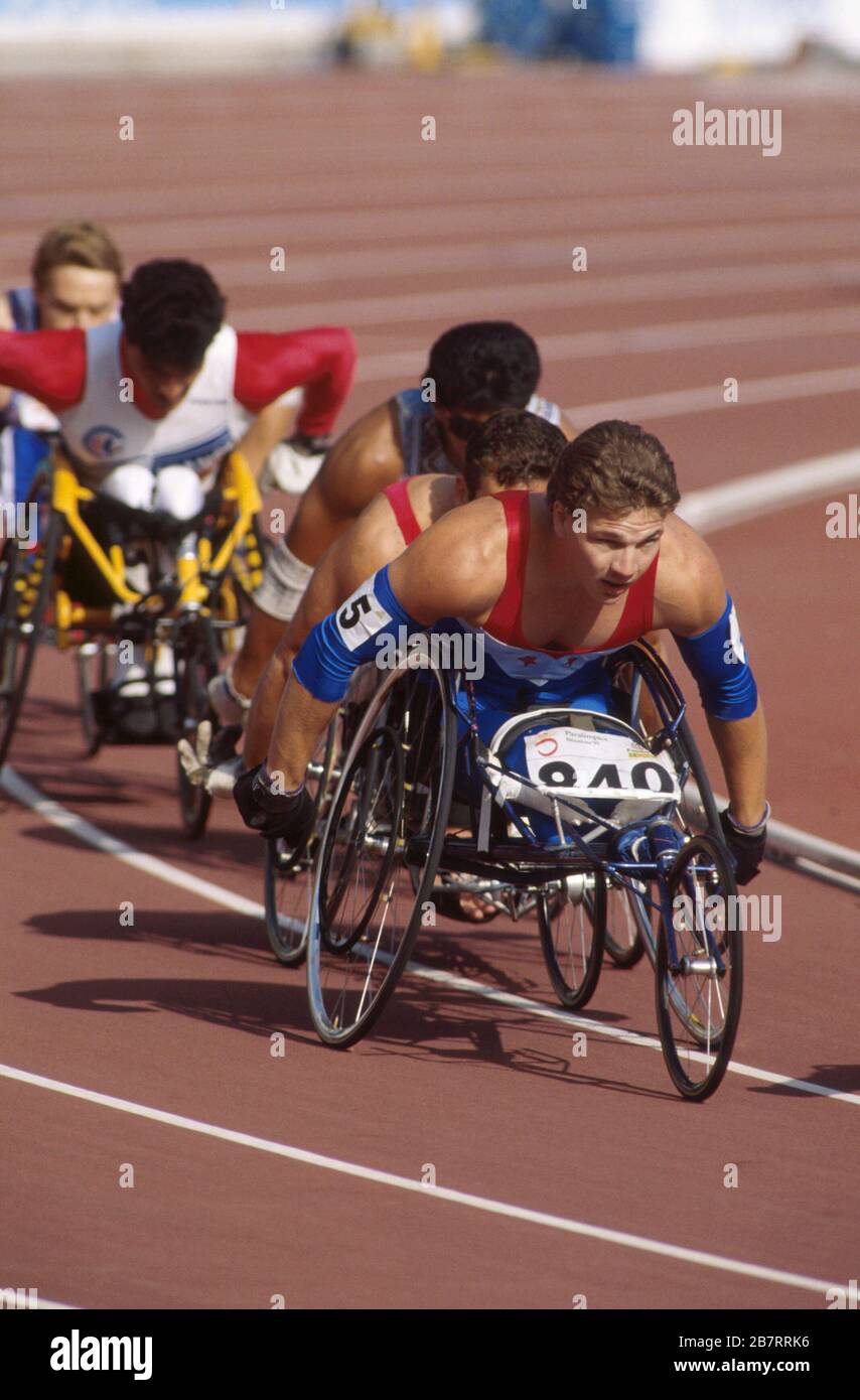 Barcelona, Spain, 1992: Wheelchair distance race at the Paralympics ...