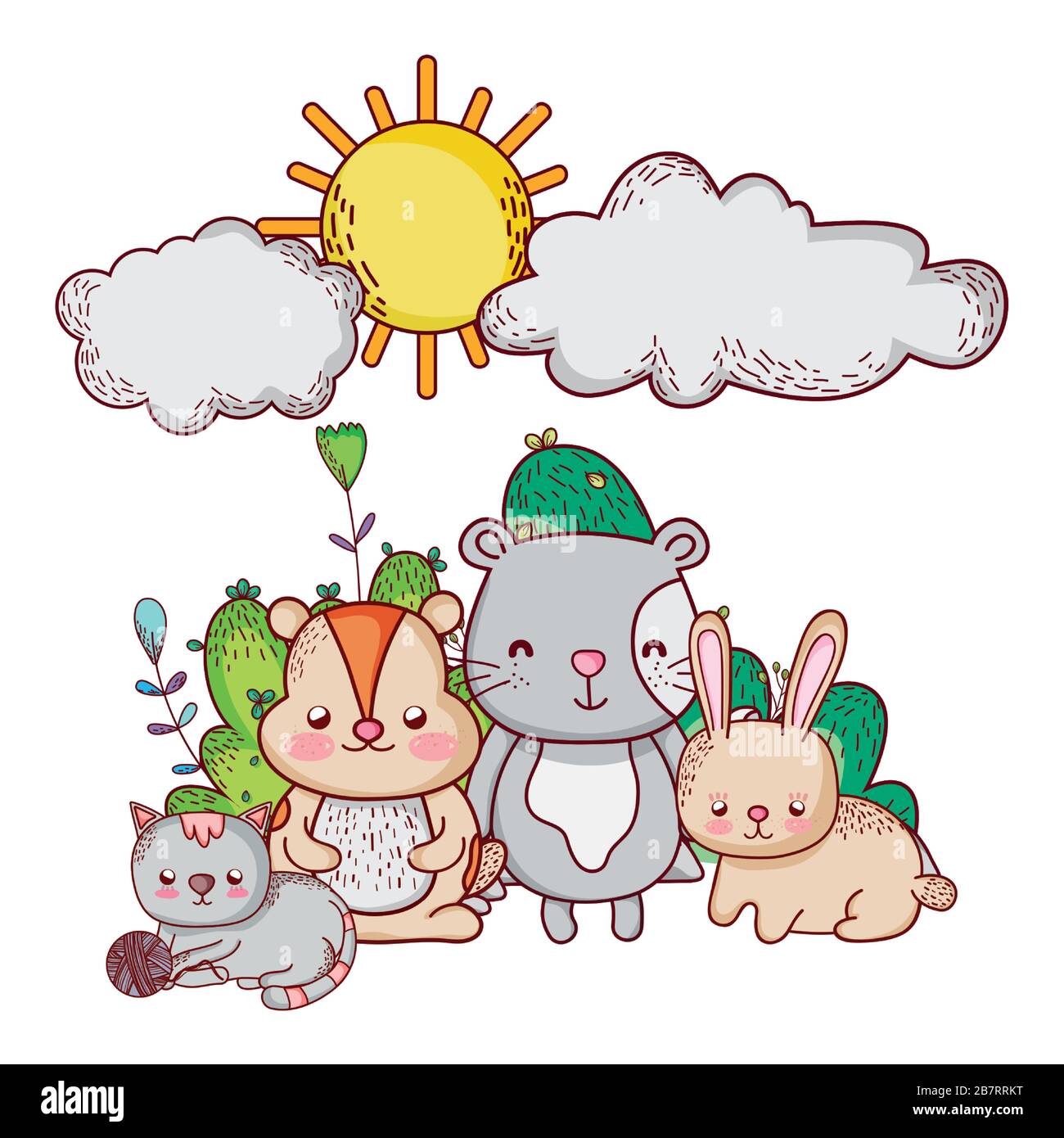 cute animals, rabbit beaver cat and rabbit bush sun clouds cartoon ...