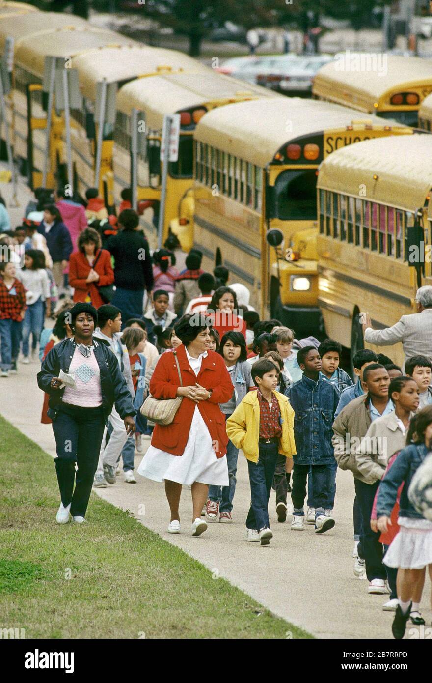 Elementary school students and teachers walk from line of school buses ...