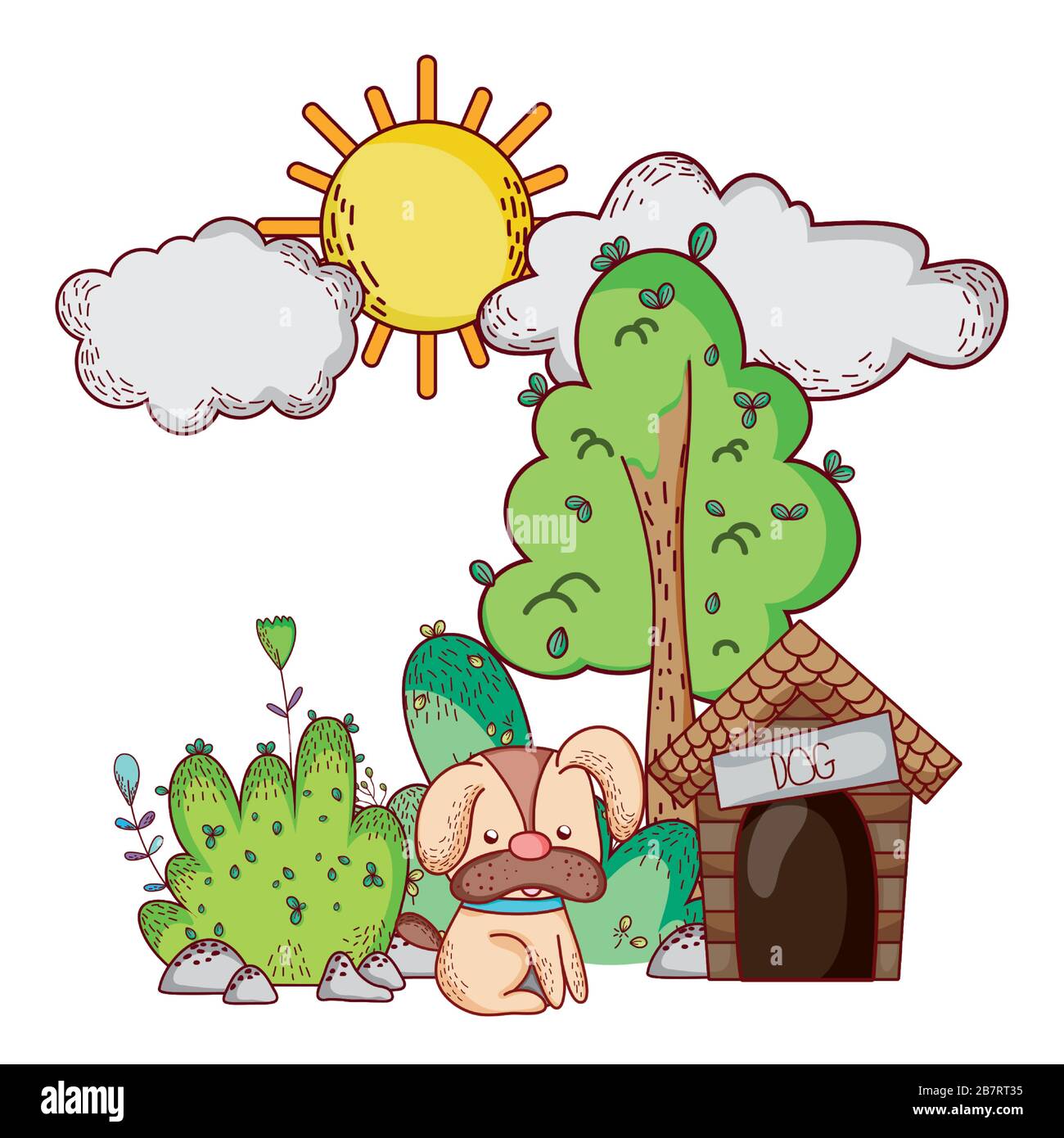 cute animals, little dog sitting with house tree bushes nature cartoon ...