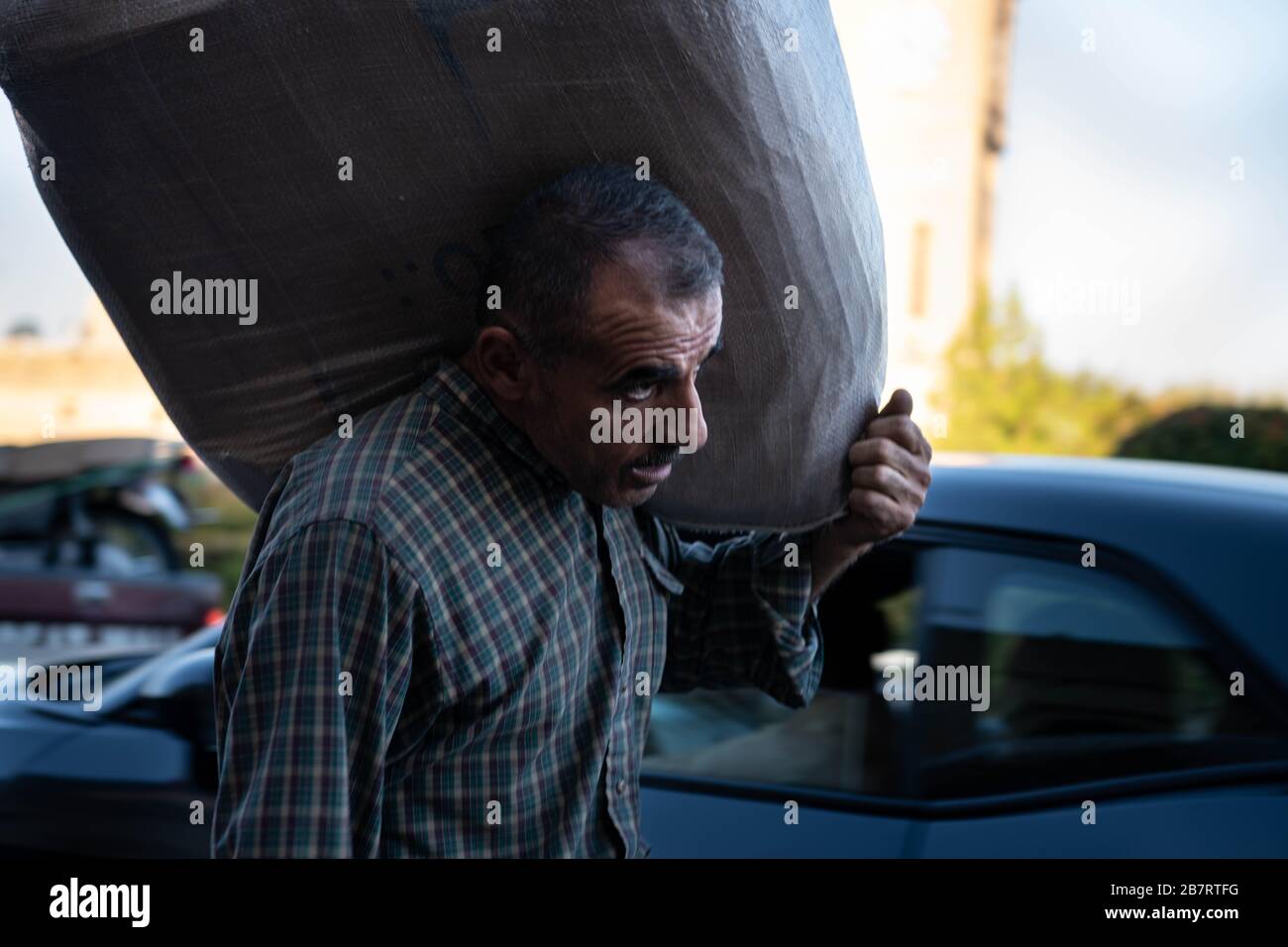 Iraq, Iraqi Kurdistan, Arbil, Erbil. A man is walking with a big ...