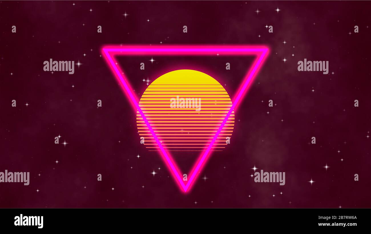 Beautiful retro 80s style concept with sunset and light pink triangle ...